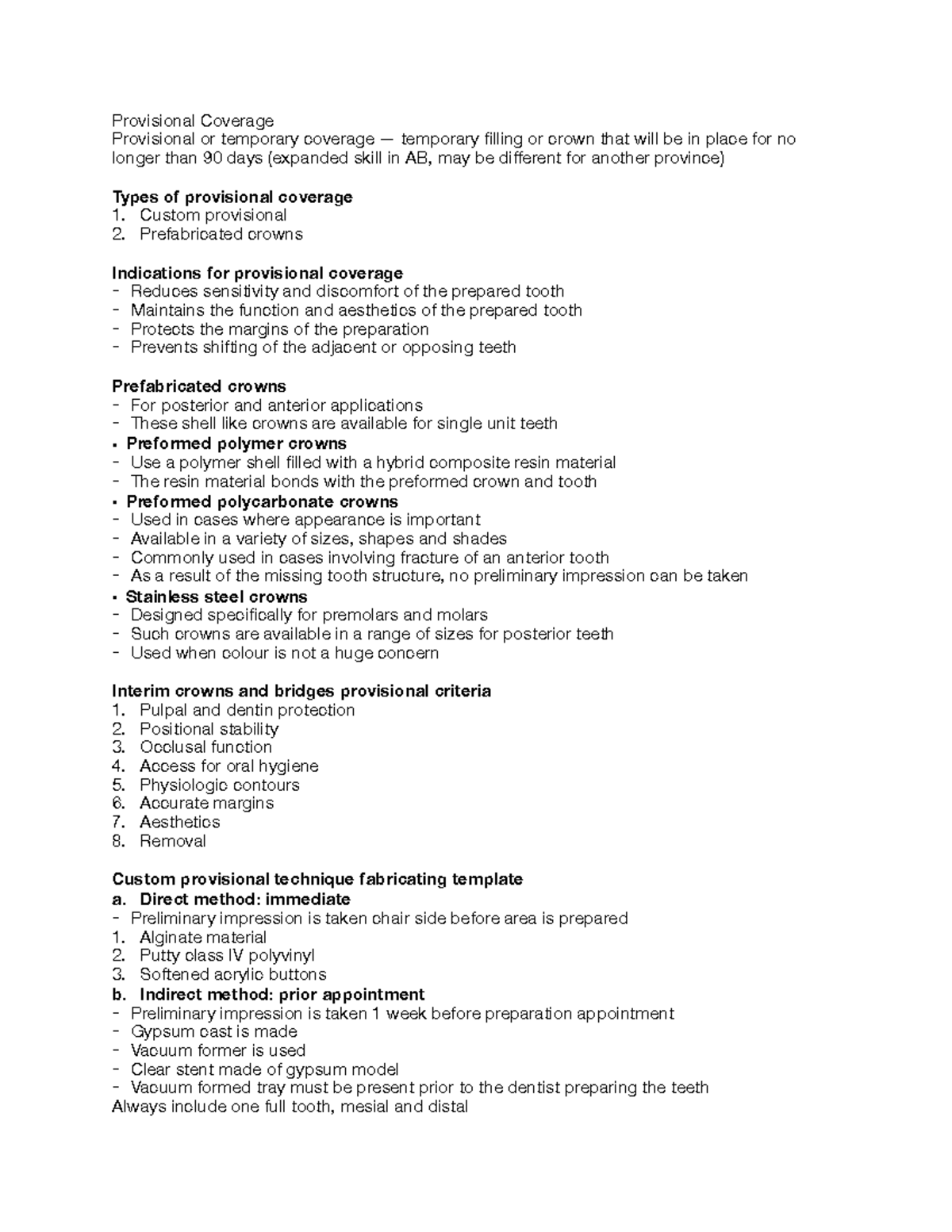 Prostho 9 - Lecture notes 9 - Provisional Coverage Provisional or ...