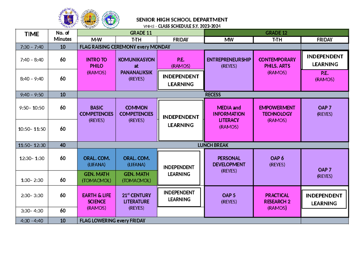 Pinakafinal- sched- Senior-HIGH- School - SENIOR HIGH SCHOOL DEPARTMENT ...