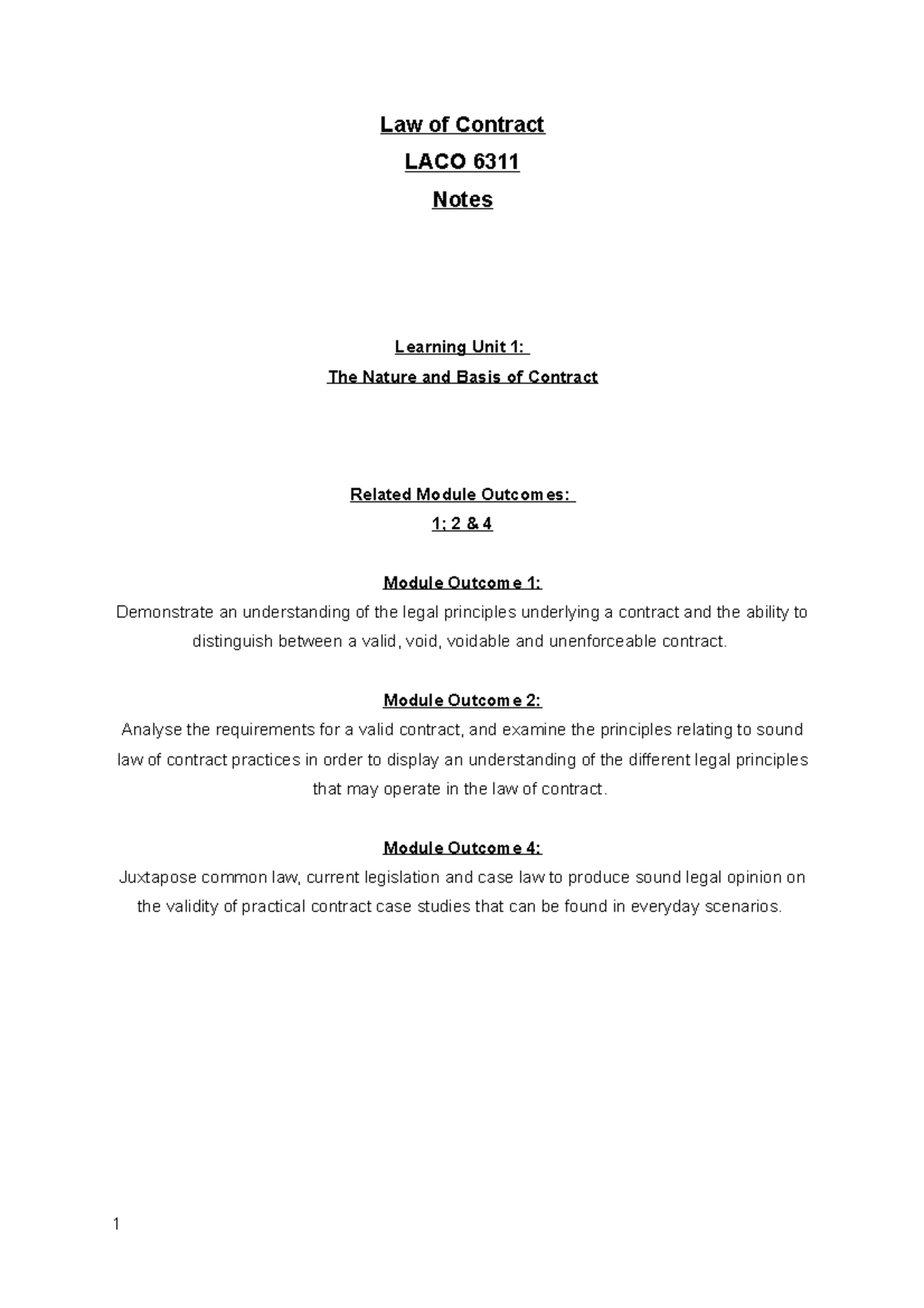 LACO 6311 LU 1 Notes - ####### Law of Contract ####### LACO 6311 ...