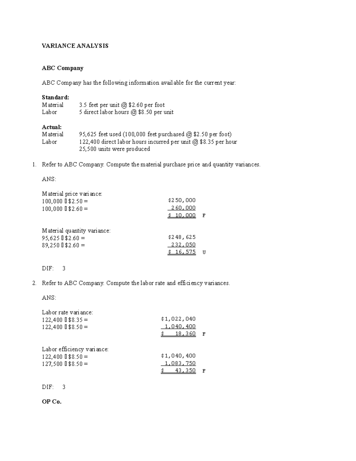 Variance Analysis Problems and Answers - VARIANCE ANALYSIS ABC Company ...