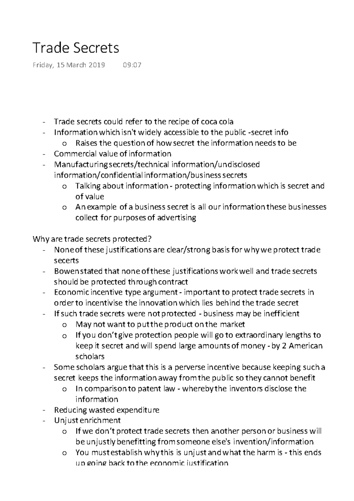 IP Lecture 19 - Trade Secrets - Trade secrets could refer to the recipe ...