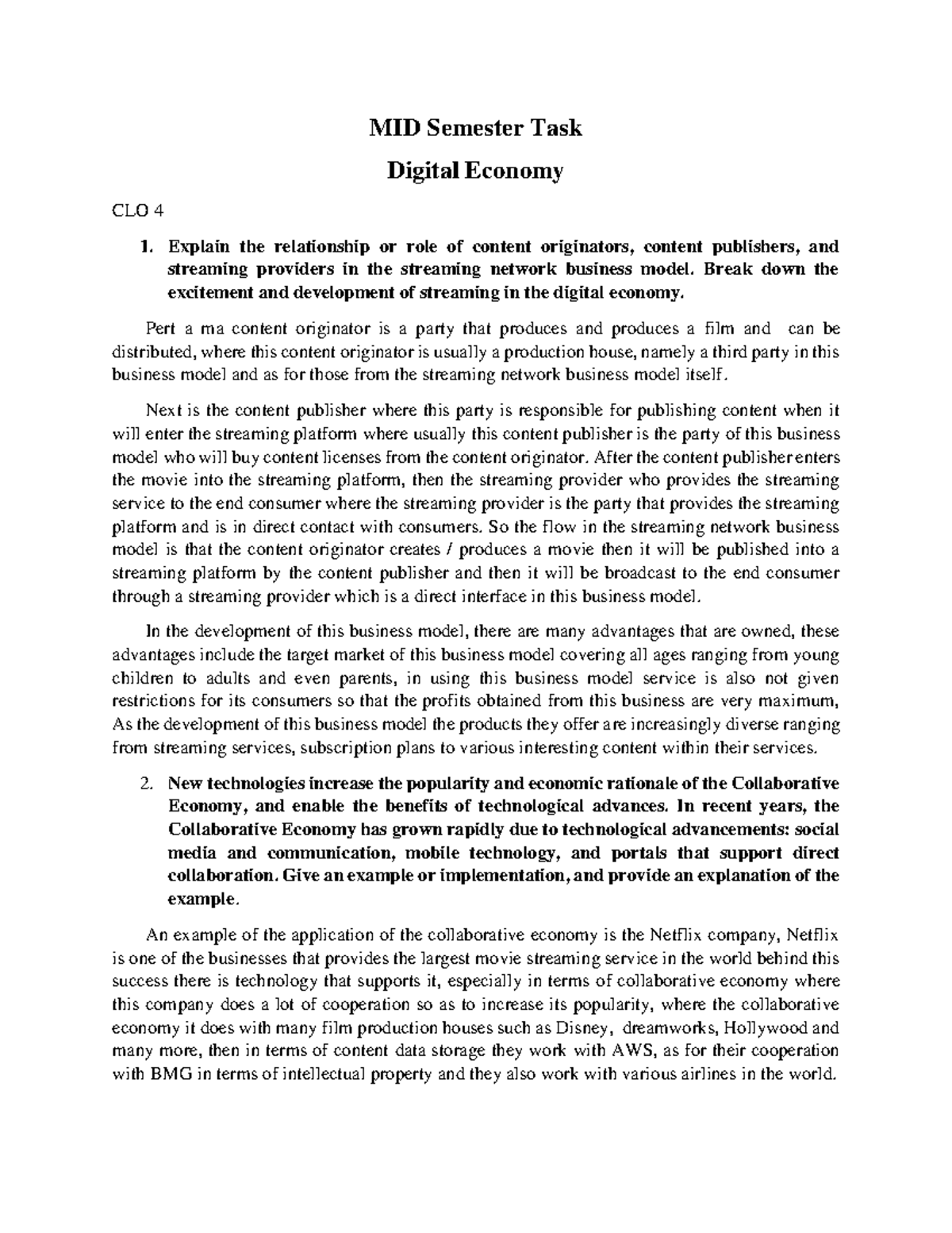MID Semester Task - MID Semester Task Digital Economy CLO 4 1. Explain ...
