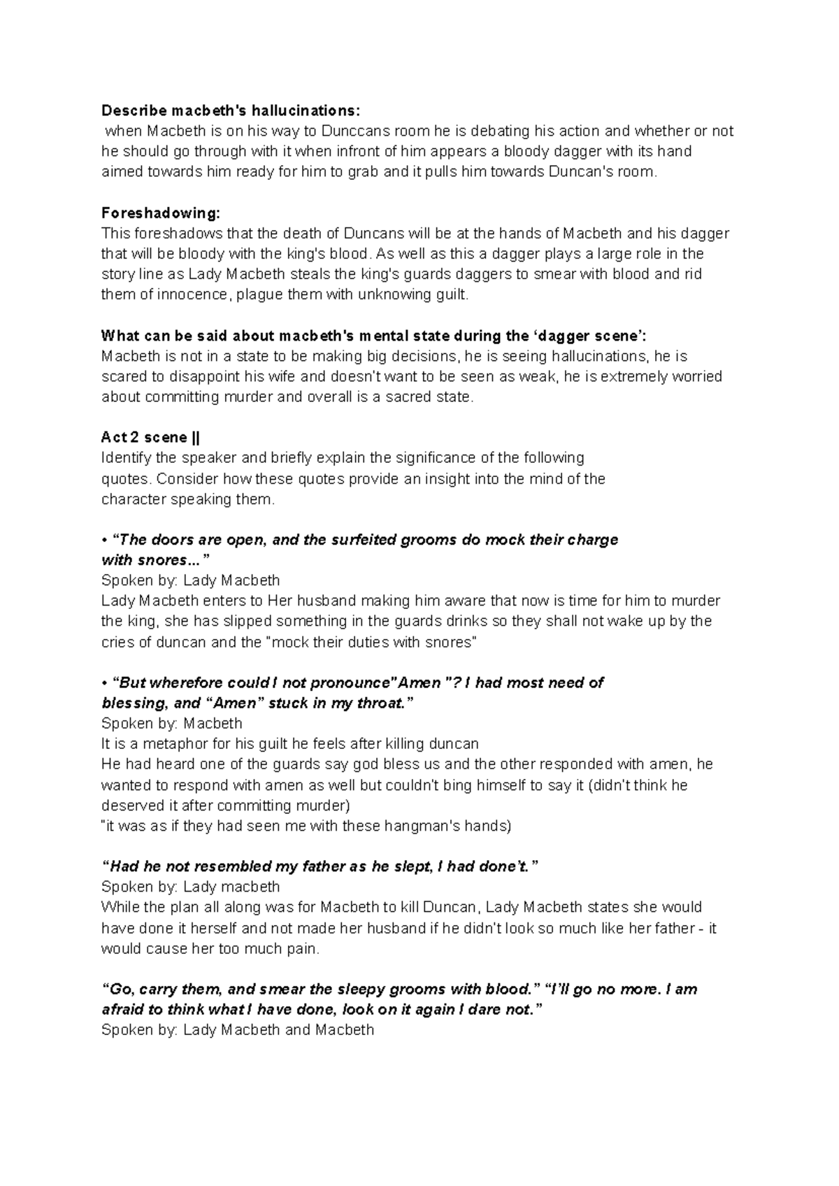 Act 2 comprehension questions - Describe macbeth's hallucinations: when ...