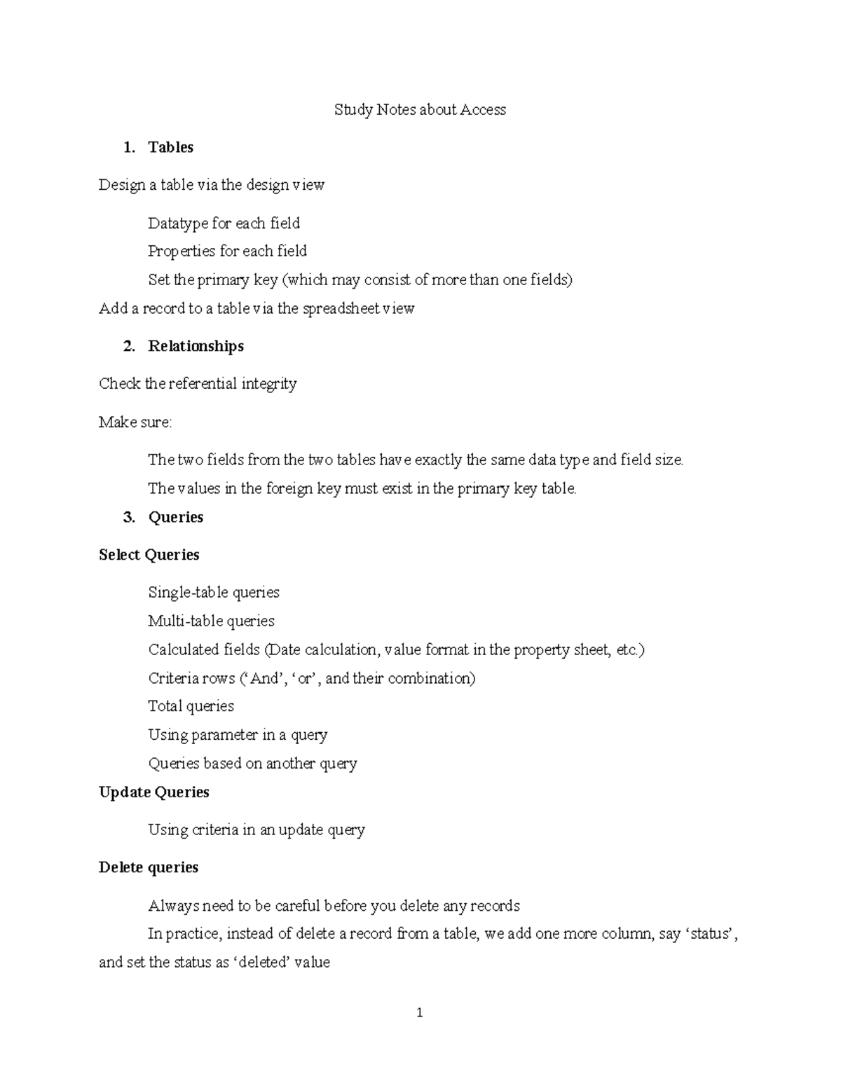 Study notes of Access - Study Notes about Access 1. Tables Design a ...