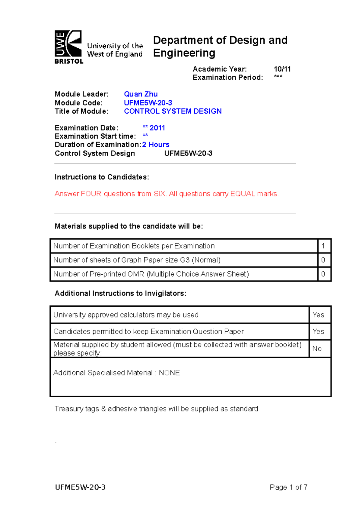 Exam 2011, questions - Department of Design and Engineering Academic ...