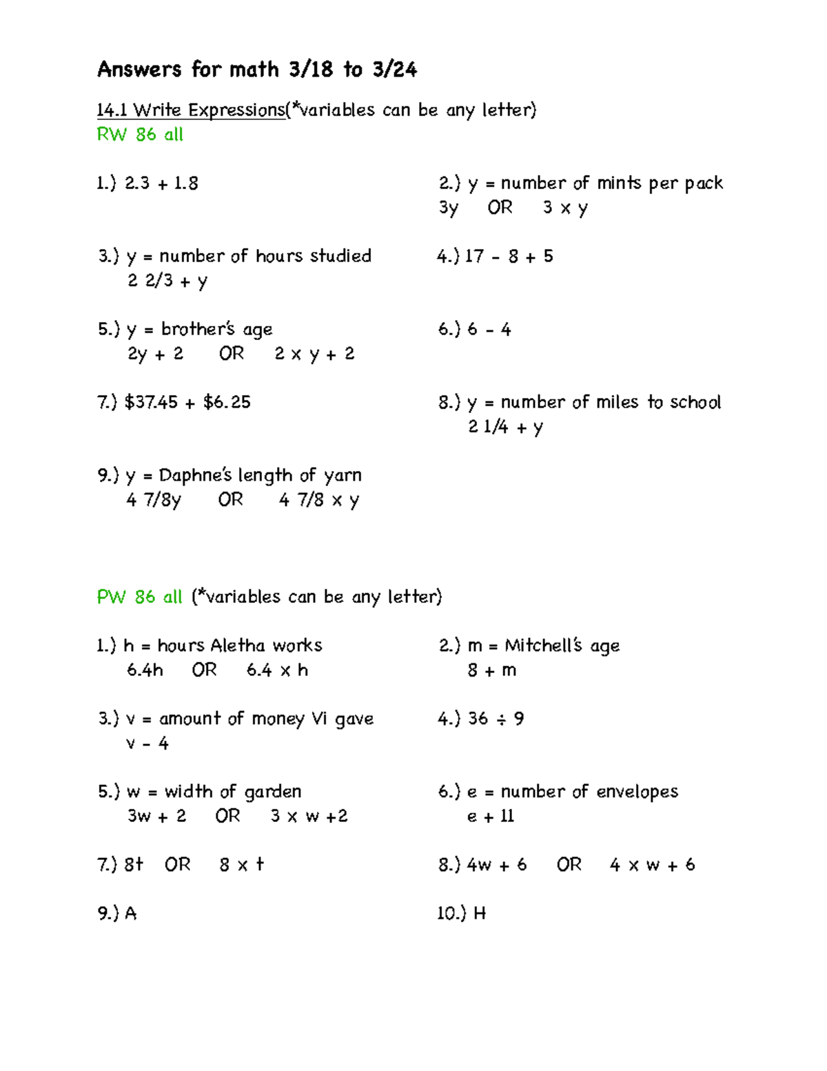 Math answers 14 very math - 14 Write Expressions(*variables can be any ...