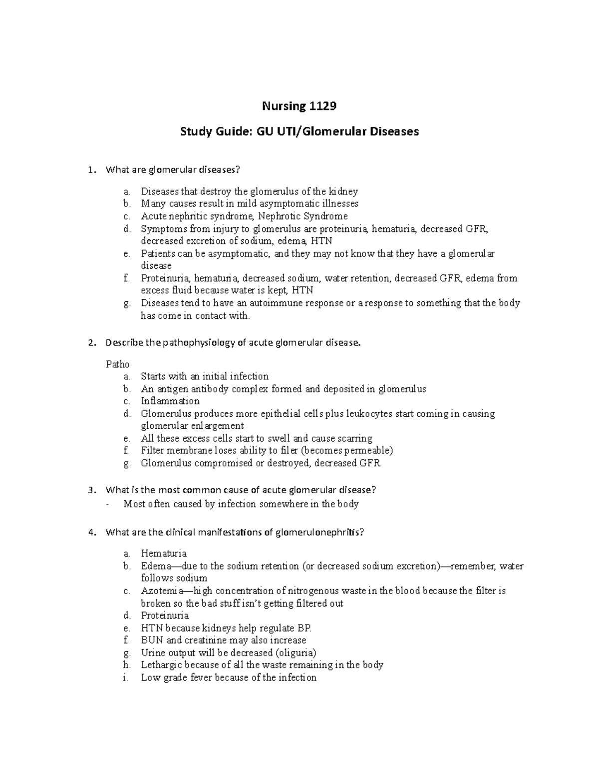 NSG 2 GU UTI Glomuler Diseases Study Guide - Nursing 1129 Study Guide ...