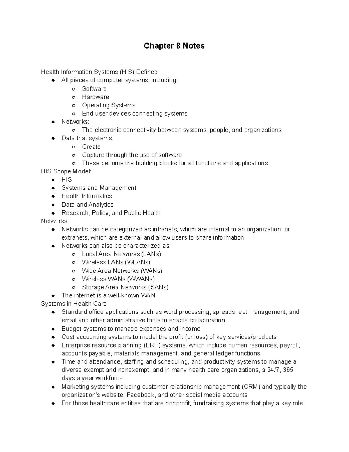 HPEX 445 Chapter 8 Notes - Chapter 8 Notes Health Information Systems ...
