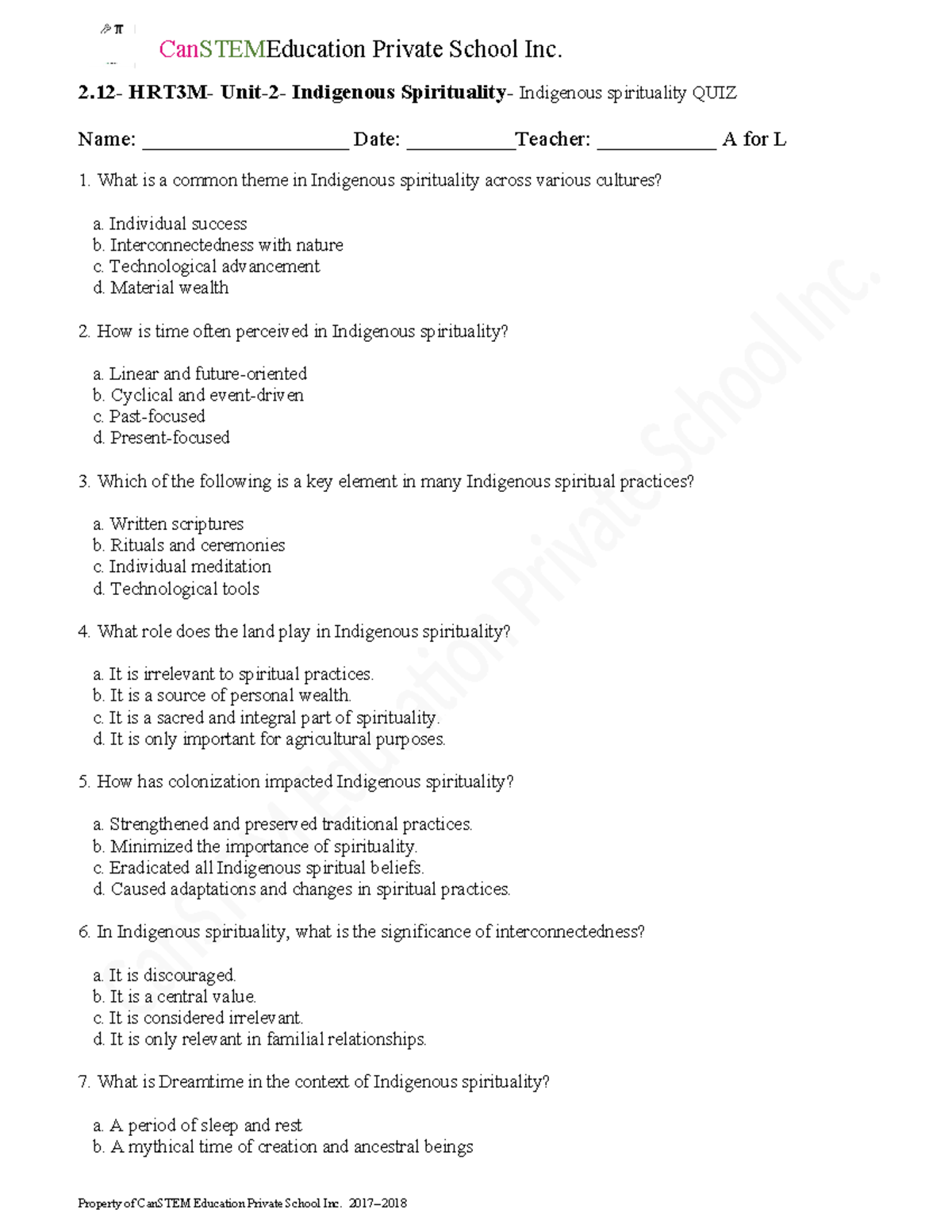 2.12- Indigenous Spirituality QUIZ A for L - CanSTEMEducation Private ...
