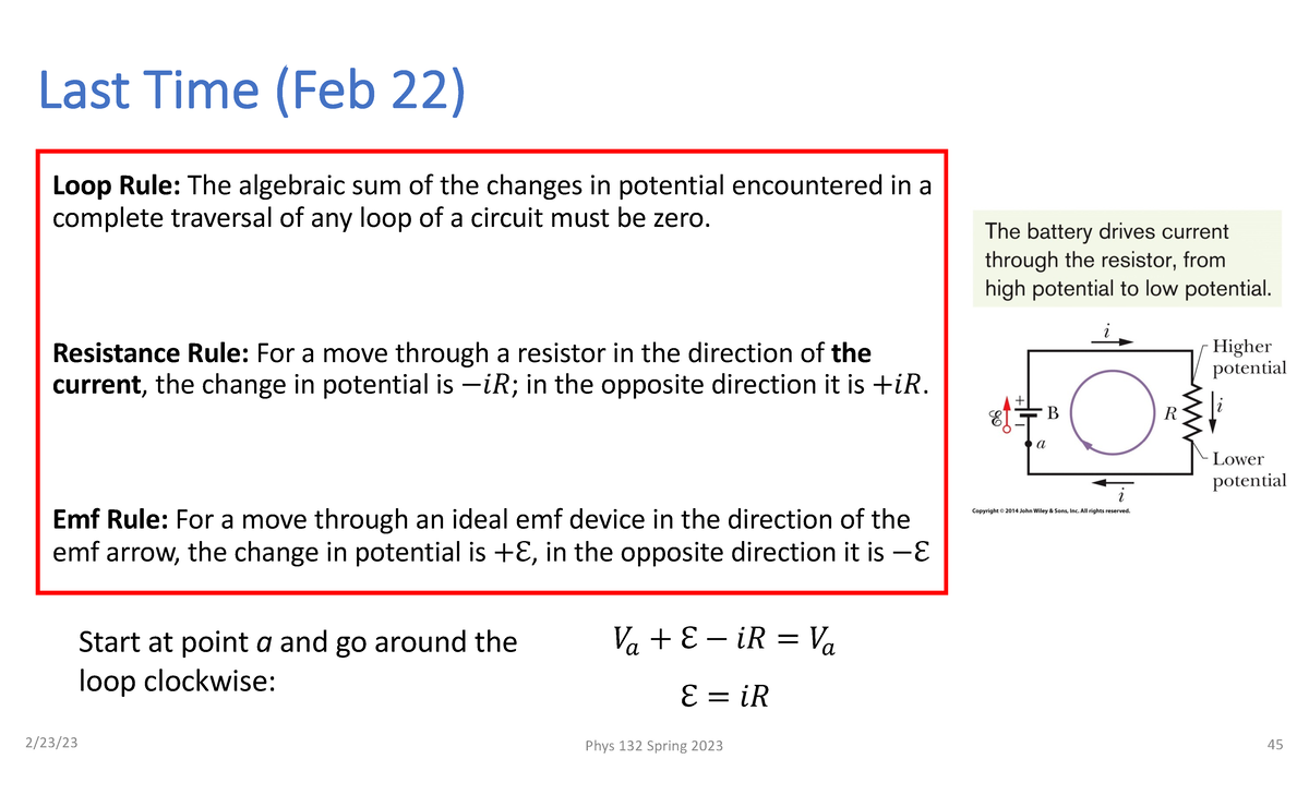 L-16 Chap 27 Feb 23 - Lecture Note - Last Time (Feb 22 ) Loop Rule: The ...