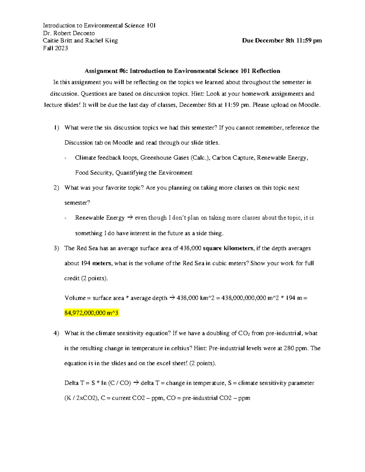 Assignment #6 Introduction to Environmental Science 101 Reflection ...