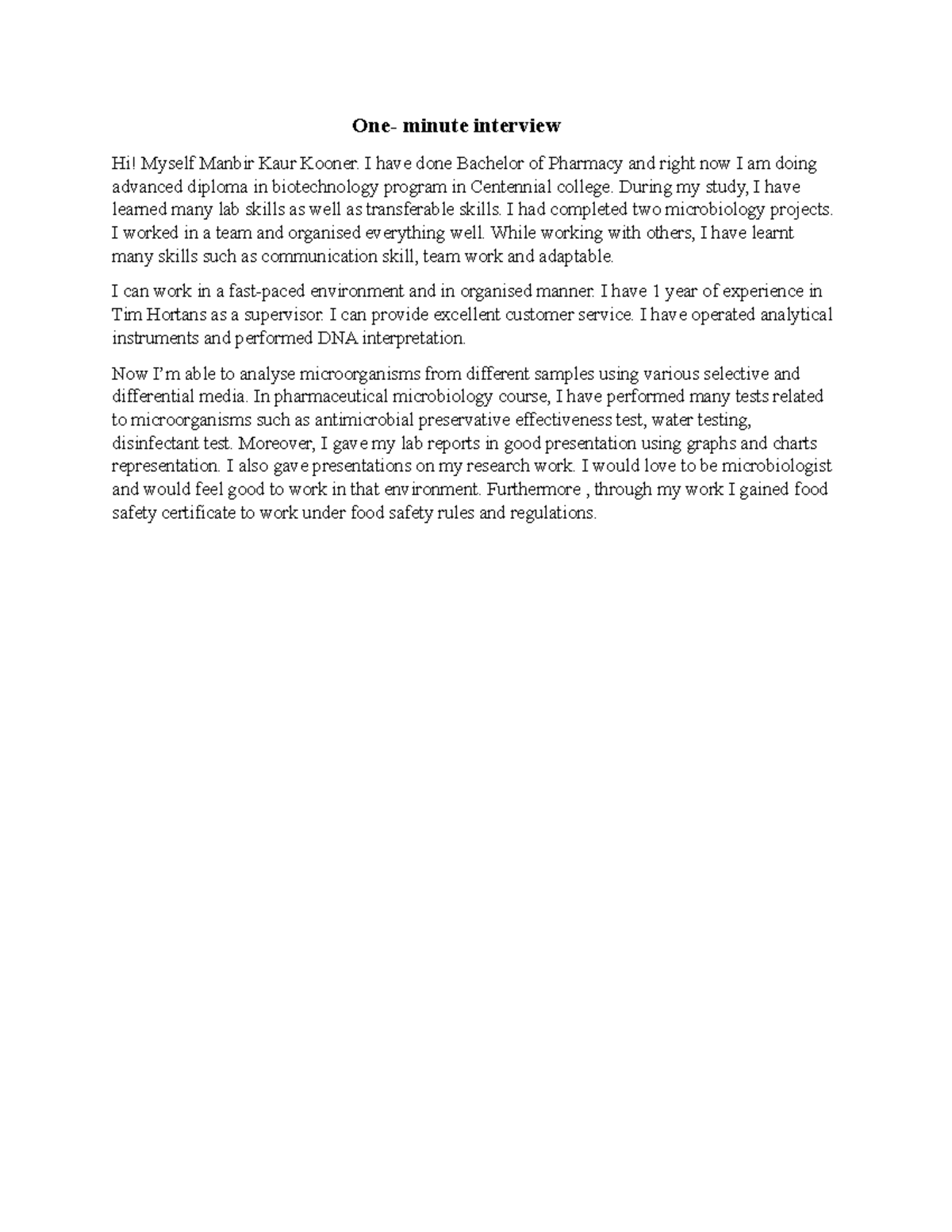 One-minute interview - One- minute interview Hi! Myself Manbir Kaur ...