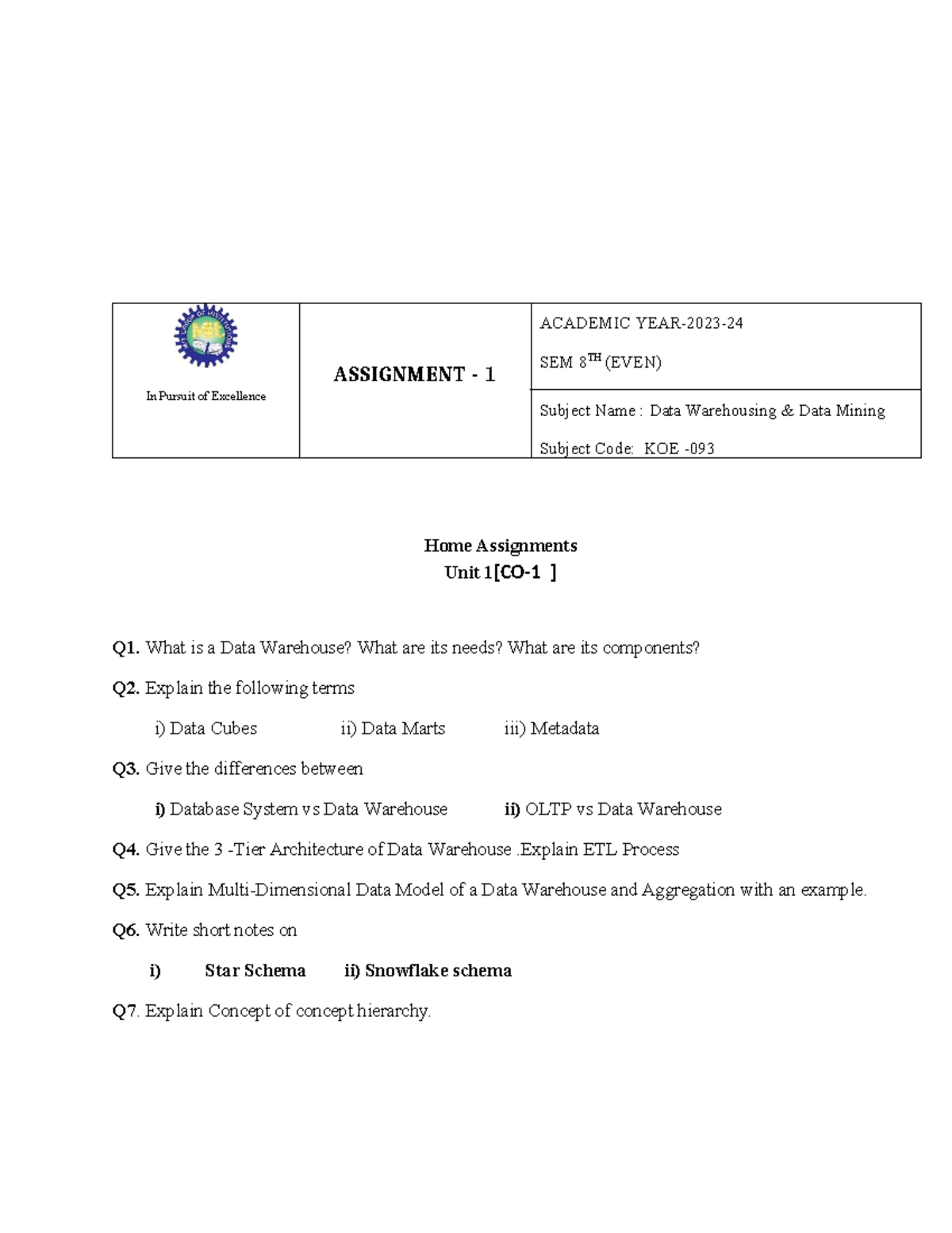 DWH asssignment 1&2 - hajkshfsaf - In Pursuit of Excellence ASSIGNMENT - 1 ACADEMIC YEAR-2023 ...