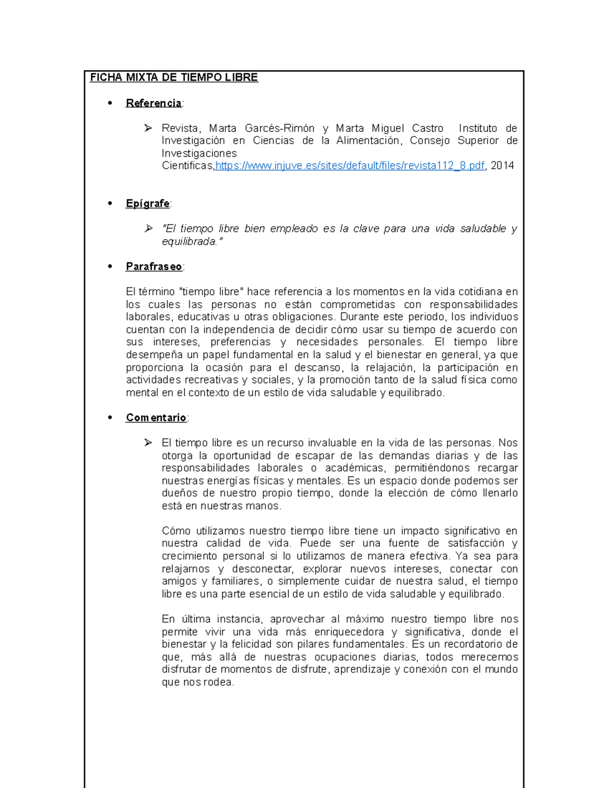 Ficha Mixta DE Tiempo Libre - FICHA MIXTA DE TIEMPO LIBRE Referencia ...