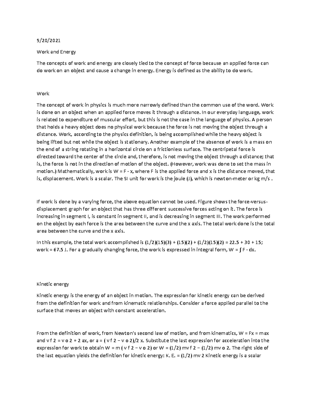 Work And Energy Lecture Notes 2 9 20 Work And Energy The Concepts Work And Energy Lecture Notes 2 9 20 Work And Energy The Concepts