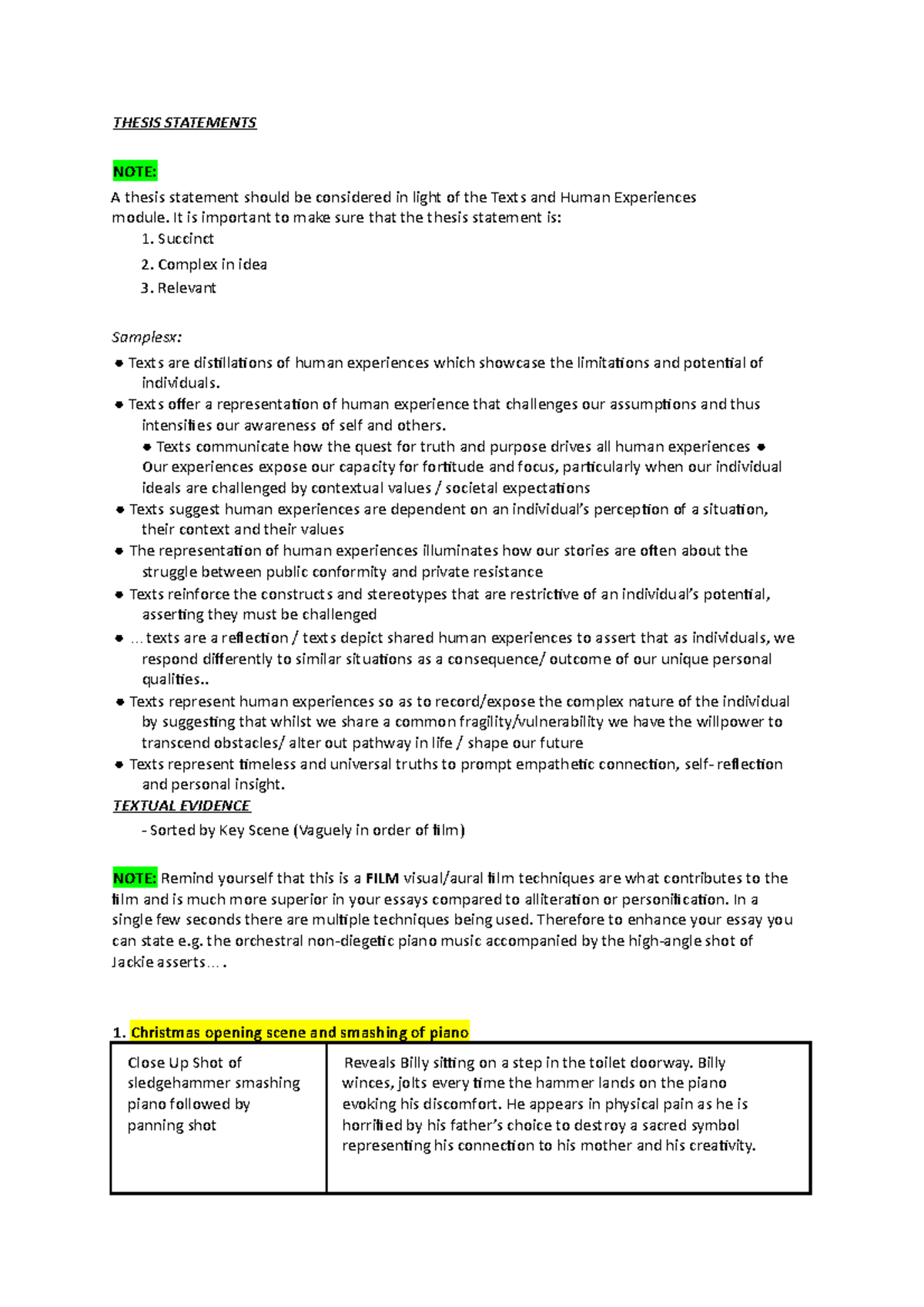 Billy ellliot notes - THESIS STATEMENTS NOTE: A thesis statement should ...