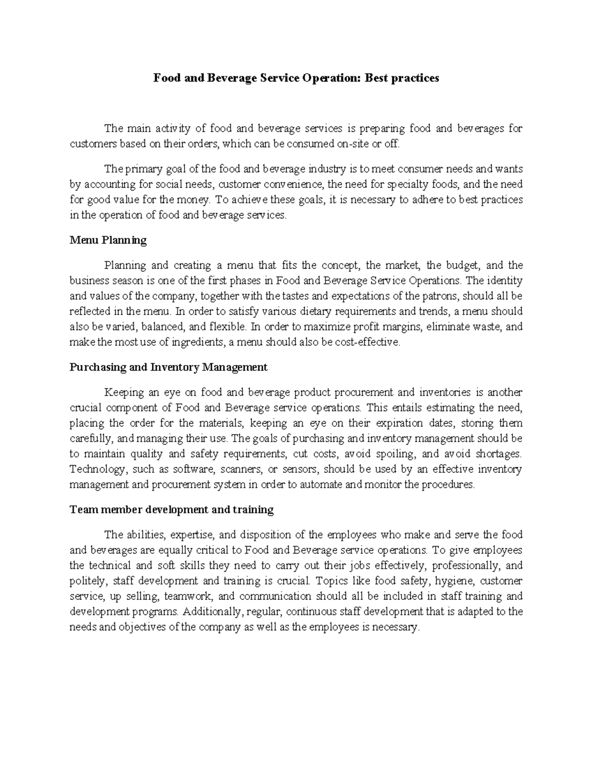 Food and Beverage Service Operation Best Practices - The primary goal ...