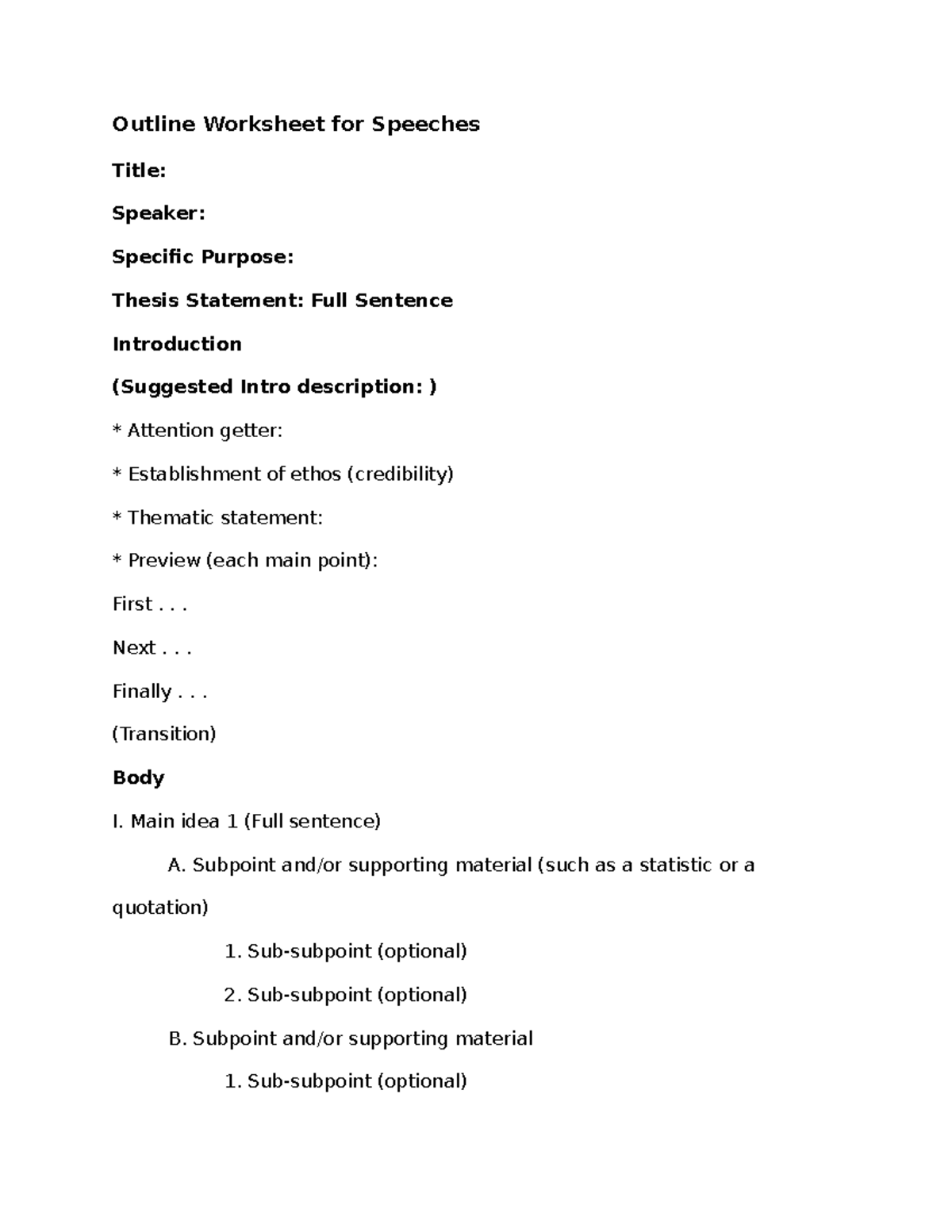 Speech Outline Template - Outline Worksheet for Speeches Title: Speaker ...