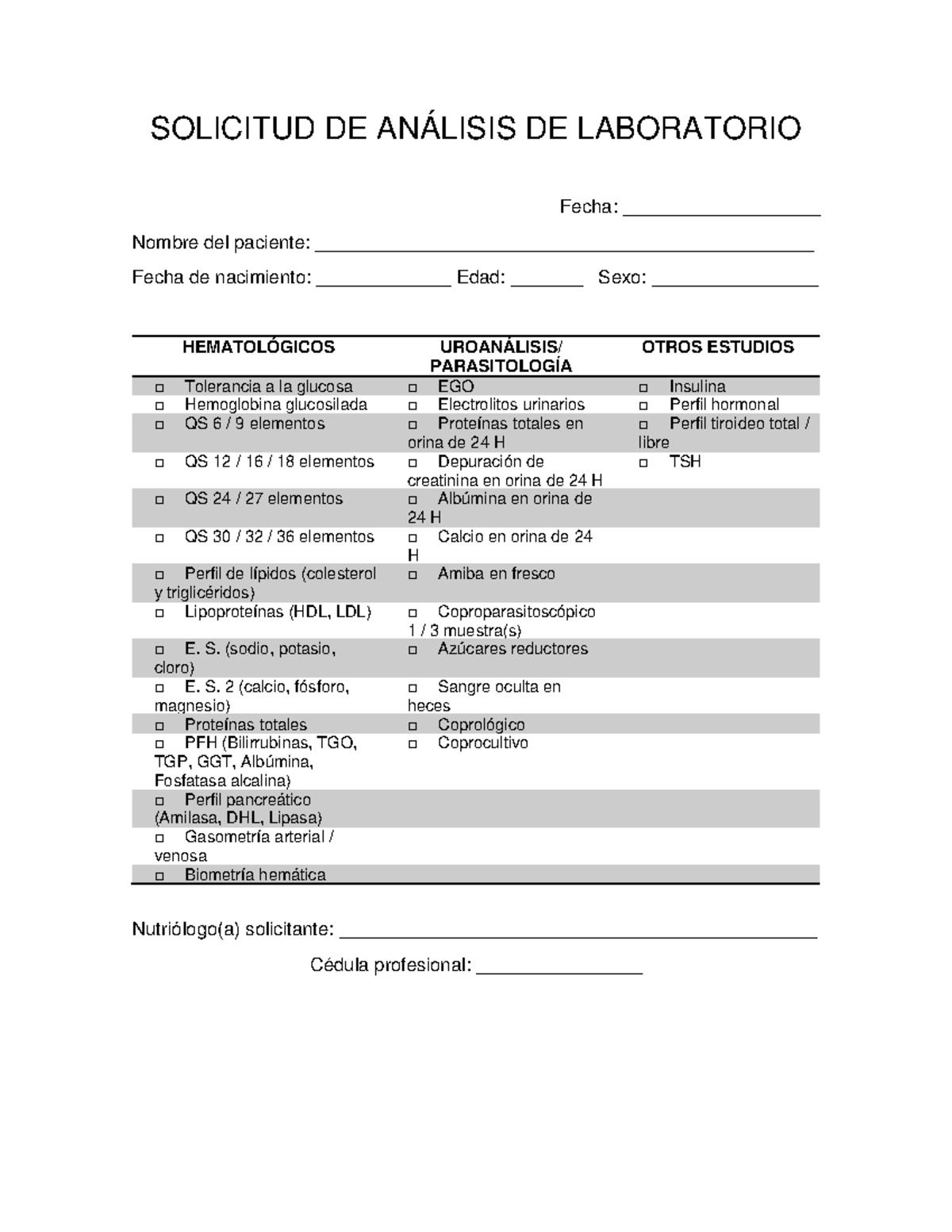 Solicitud DE Análisis DE Laboratorio - SOLICITUD DE ANÁLISIS DE LABORATORIO Fecha: - Studocu
