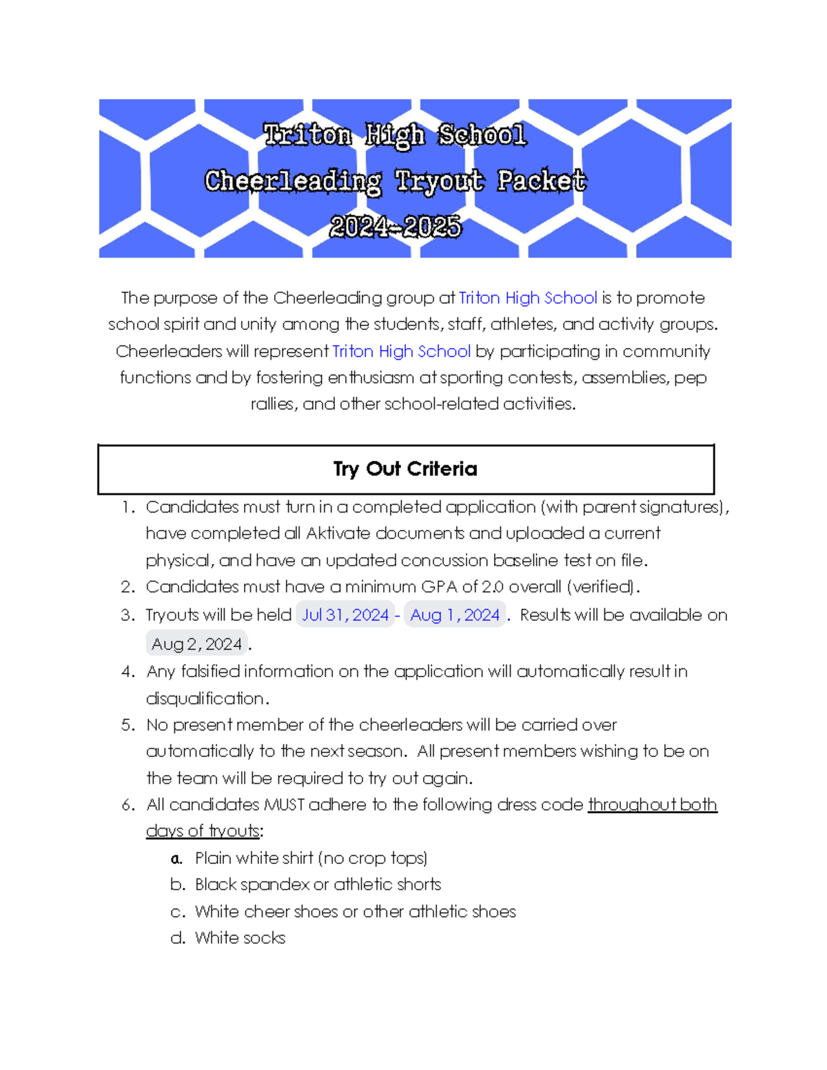 Tryout Packet 2024-2025 - The purpose of the Cheerleading group at ...