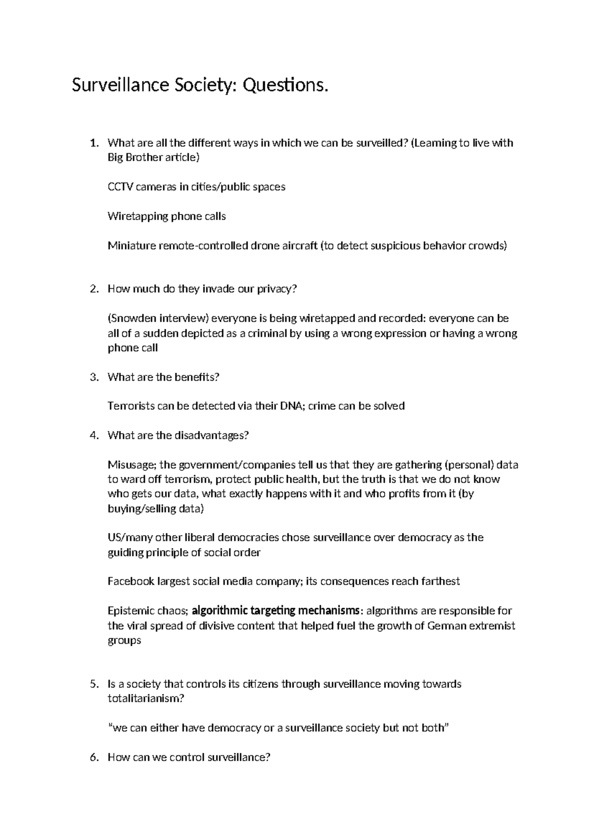 Questions - Surveillance Society - Surveillance Society: Questions. 1 ...