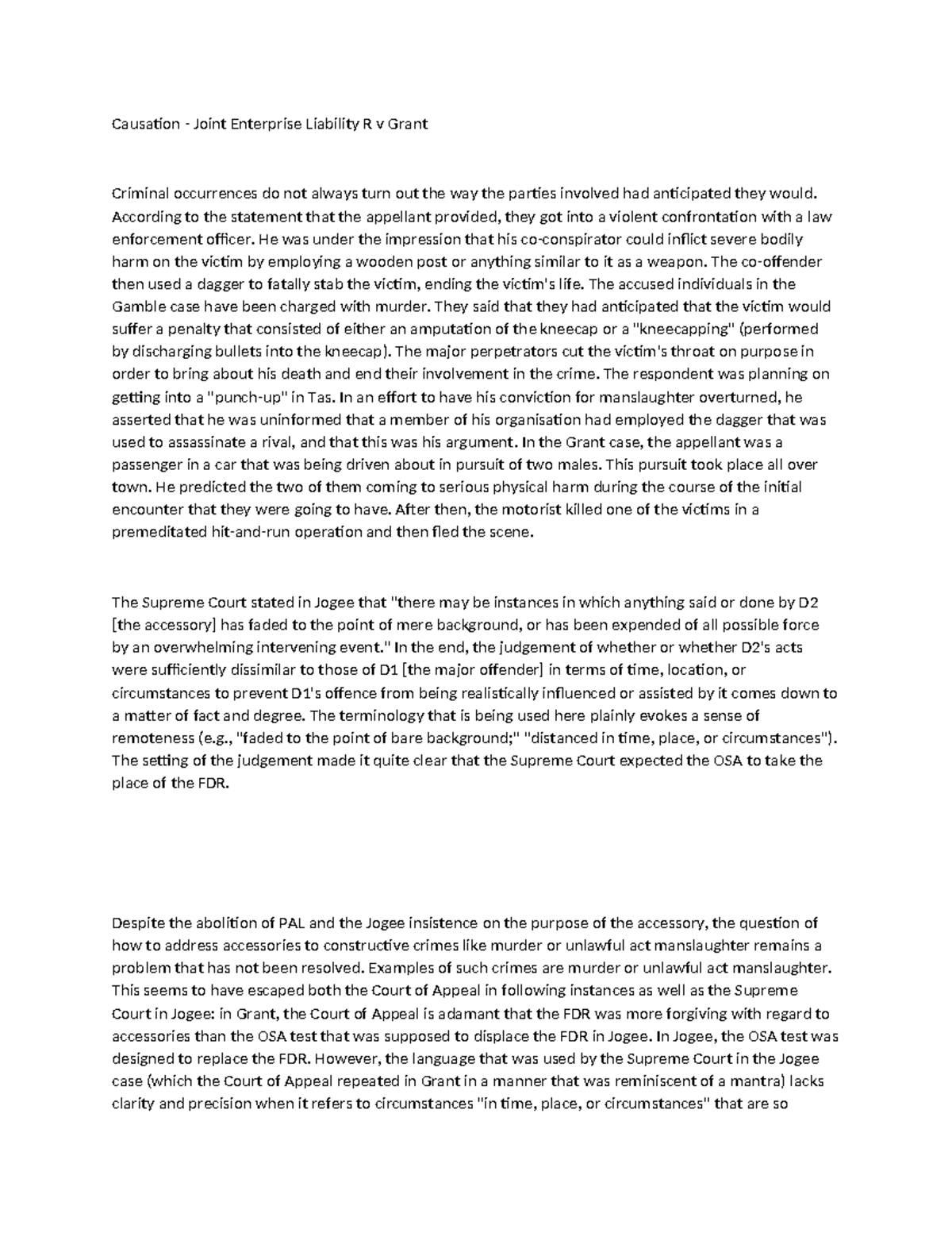 Causation R v Grant - Causation - Joint Enterprise Liability R v Grant ...