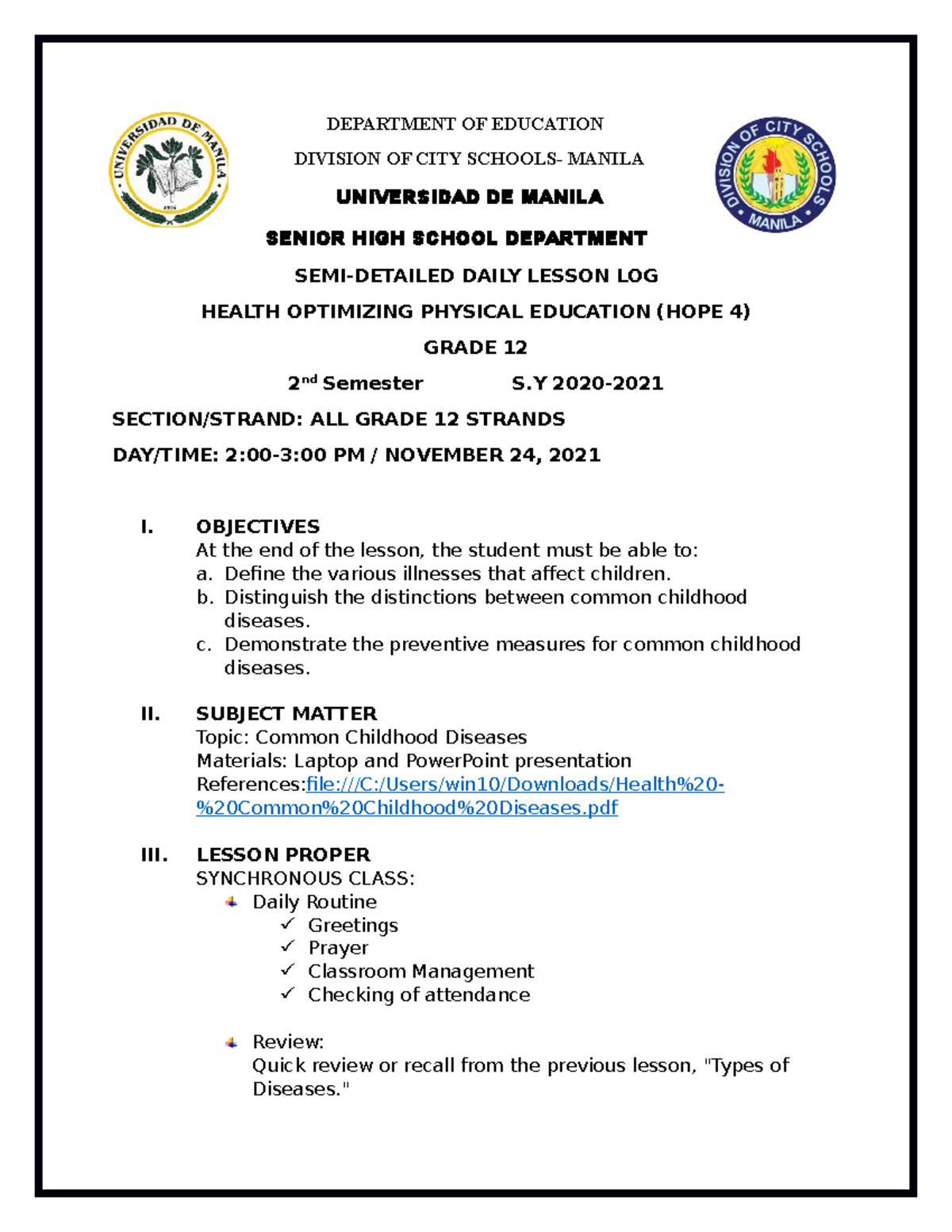 Mendoza. Lesson-PLAN - PHYSICAL EDUCATION - DEPARTMENT OF EDUCATION ...