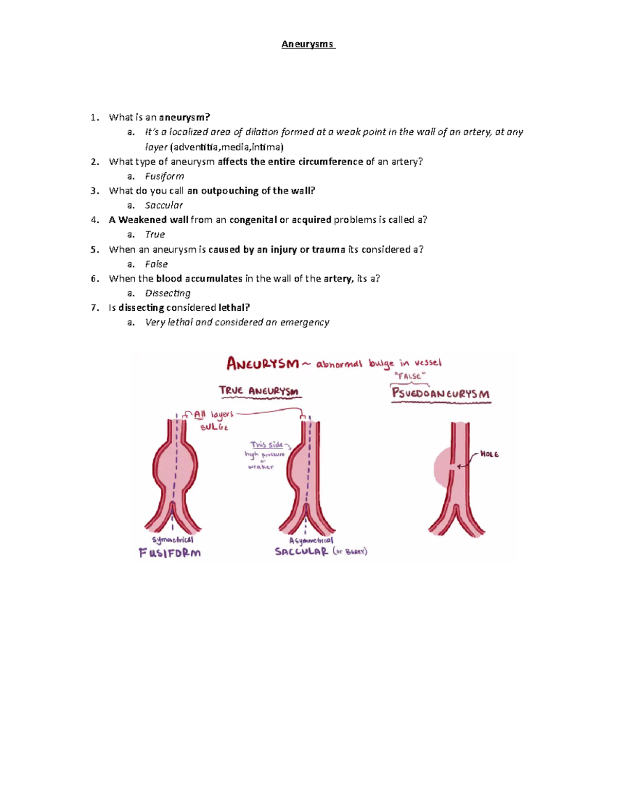 Aneuryms - Notes from lecture, Nura 2500 ASN - 1. What is an aneurysm ...
