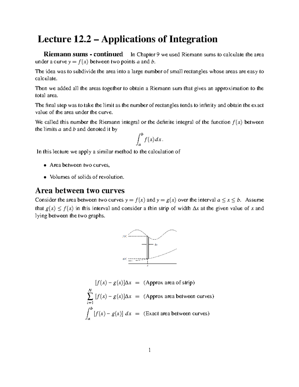 Lecture Summary 12 Lecture 12 Applications Of Integration Riemann Sums Continued In