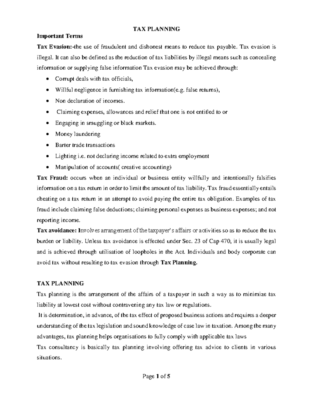 Tax planning - NOTES - TAX PLANNING Important Terms Tax Evasion:- the ...