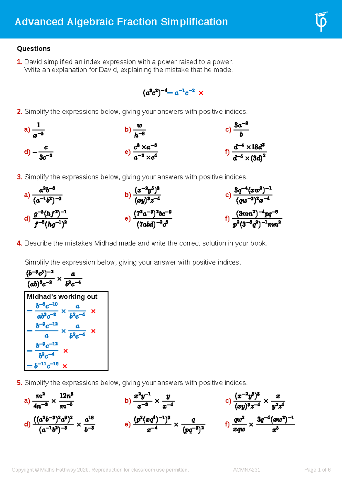 Advanced Algebraic Fraction Simplification - Questions 1. David ...