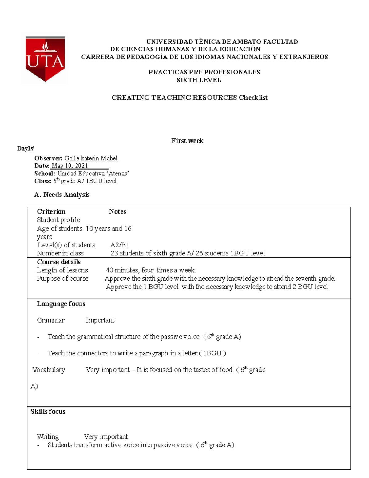 WEEK Check LIST OR Plans MAY 10th to 14th - UNIVERSIDAD TÉNICA DE ...