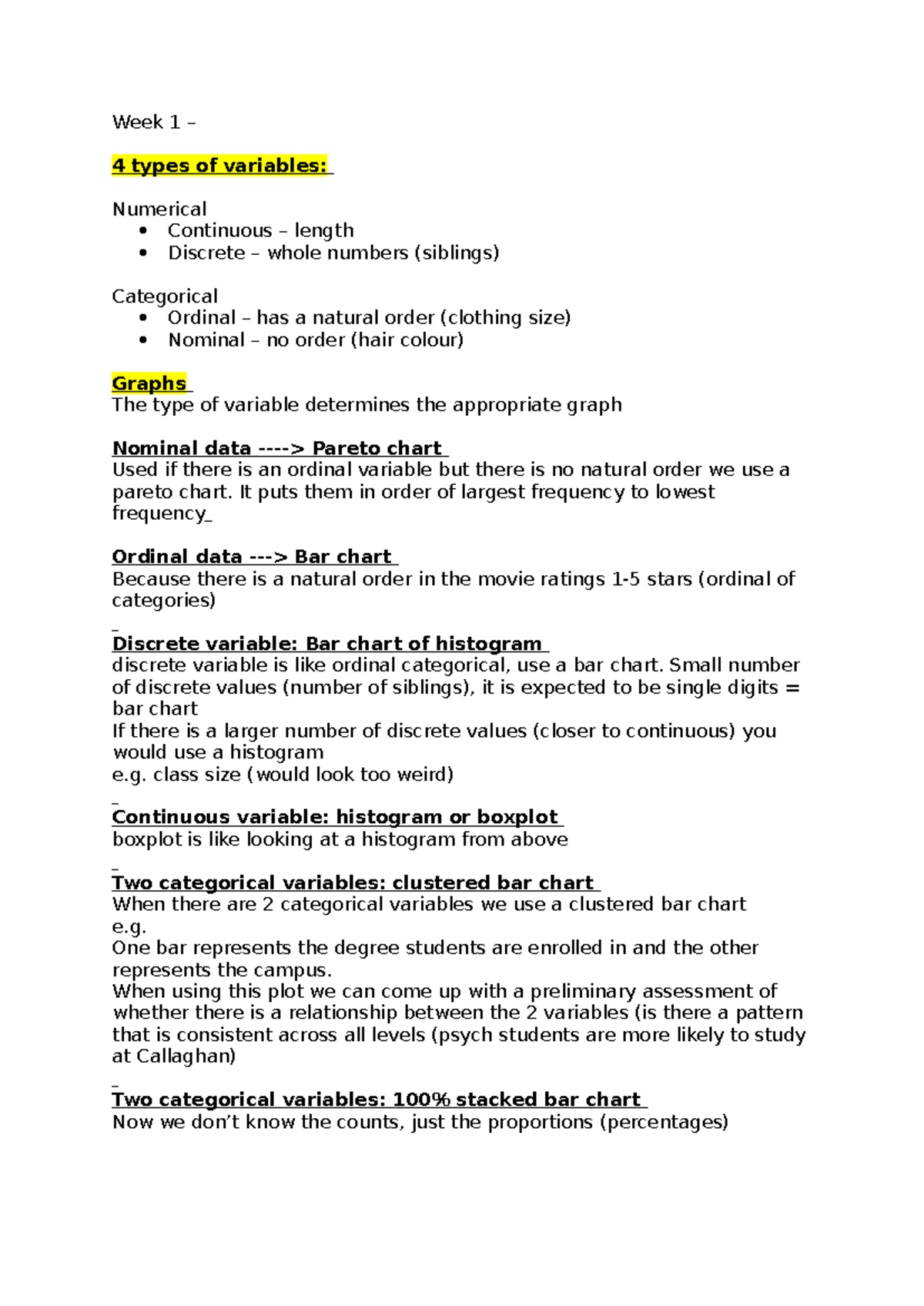 STAT1070 Summaries - Summary Statistics for the Sciences - Week 1 – 4 types of variables ...