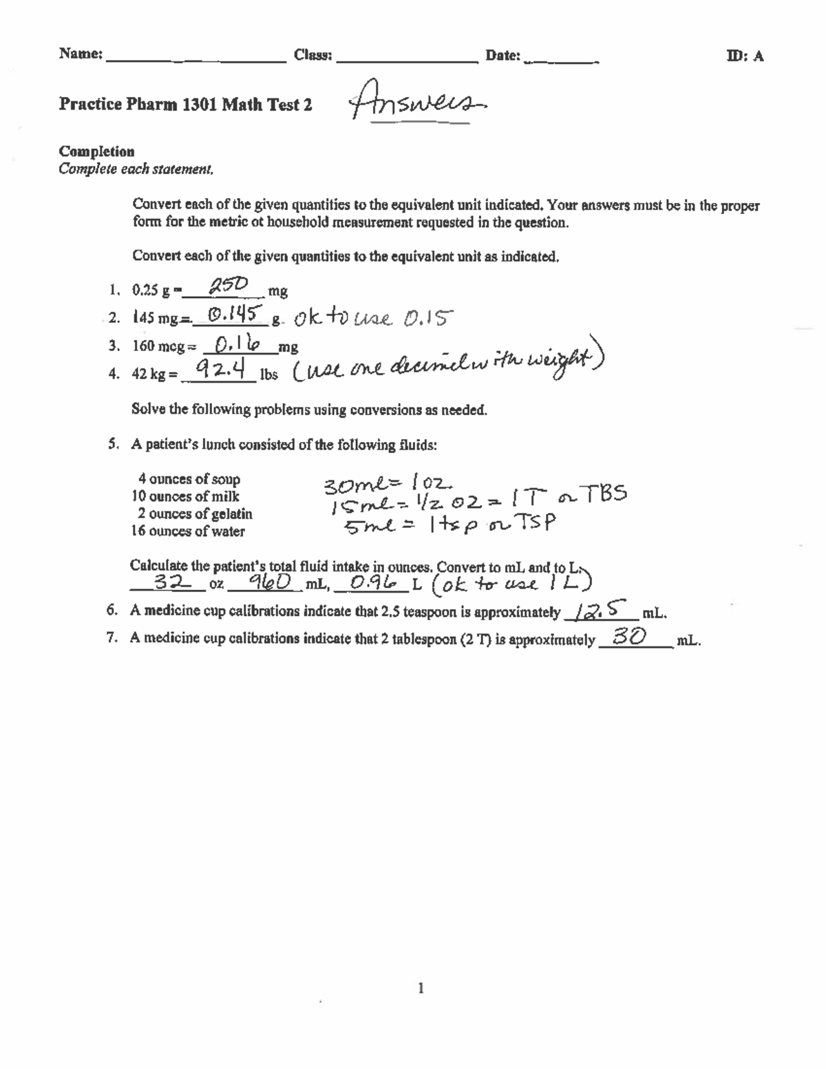 Math reveiw exam 1 (part 2) Answers - NURS 3407 - Studocu