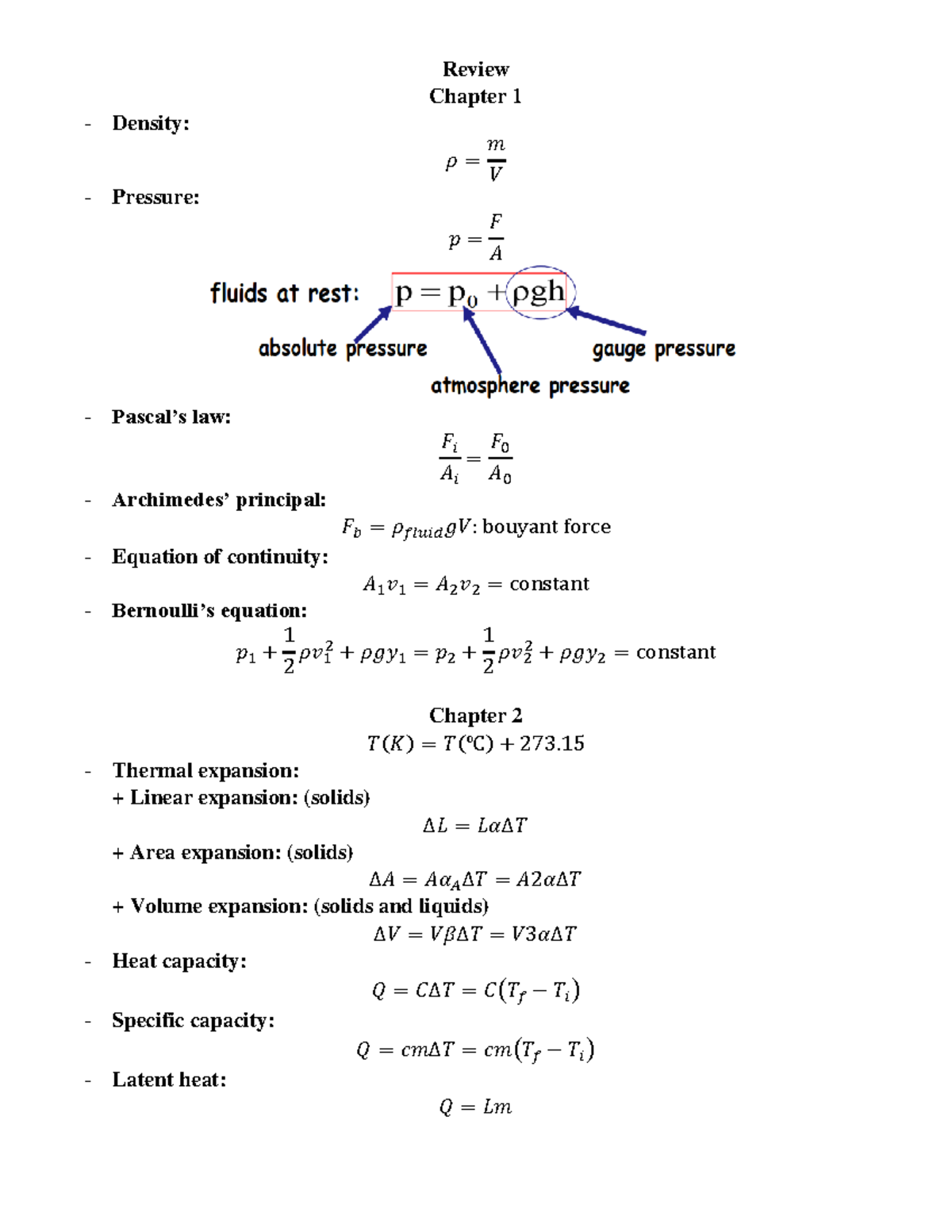Review - Review Chapter 1 Density: 𝔌 = 𝕚 ý Pressure: 𝕝 = þ 𝔴 Pascal’s ...