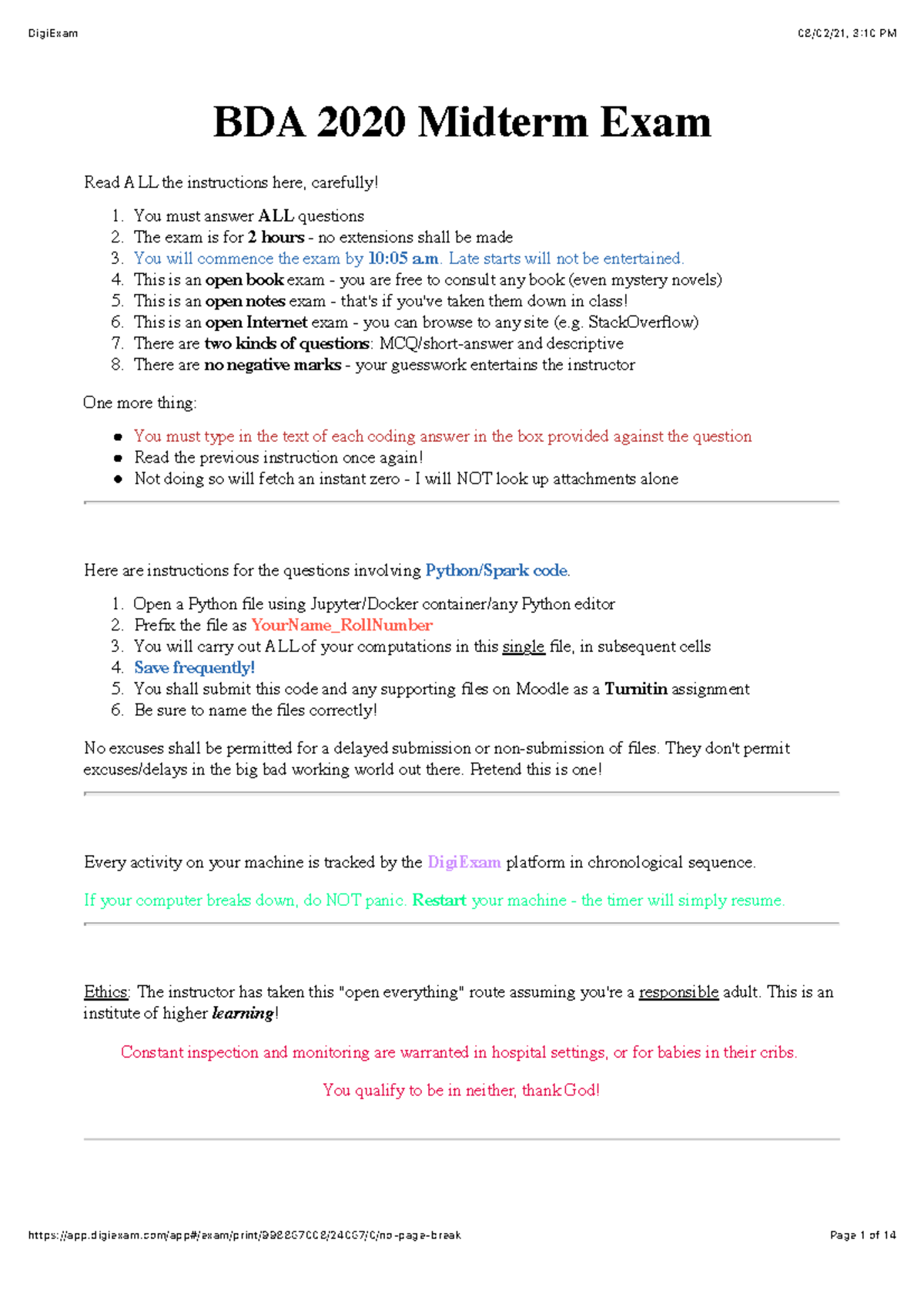 BDAMidterm 2020 - Big Data Analytics - BDA 2020 Midterm Exam Read ALL ...