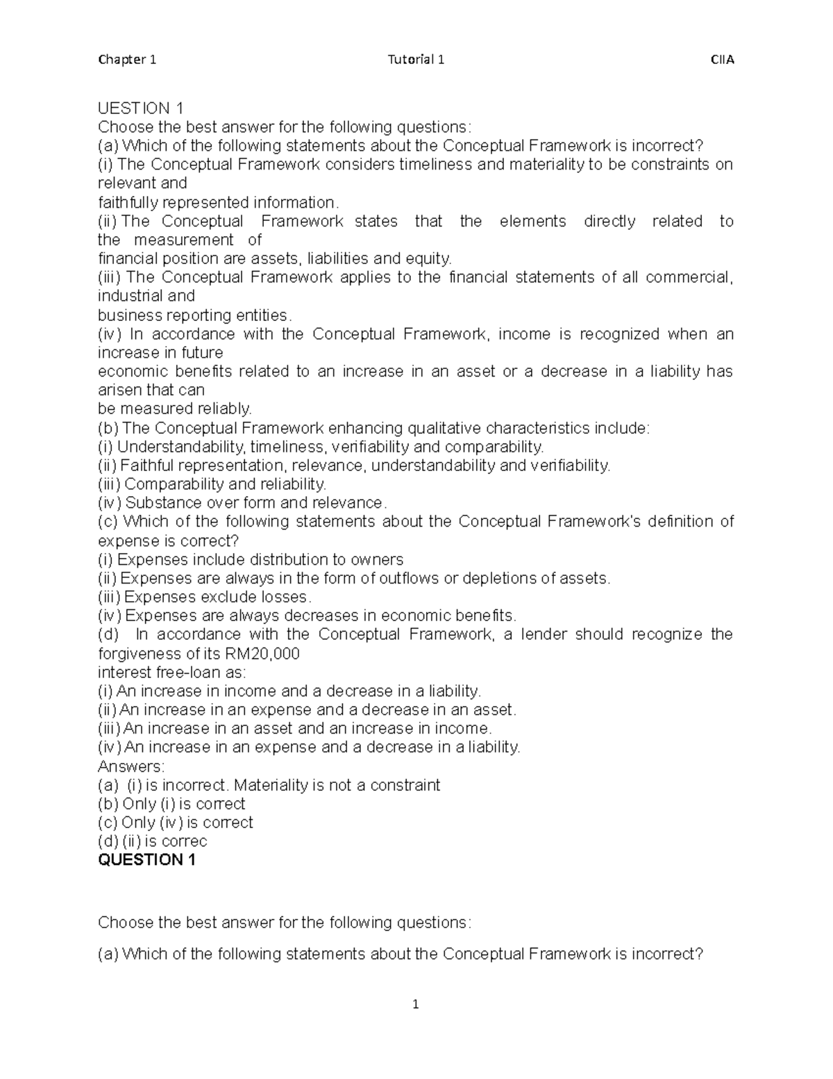 Tutorial 1 - Conceptual framework - UESTION 1 Choose the best answer ...