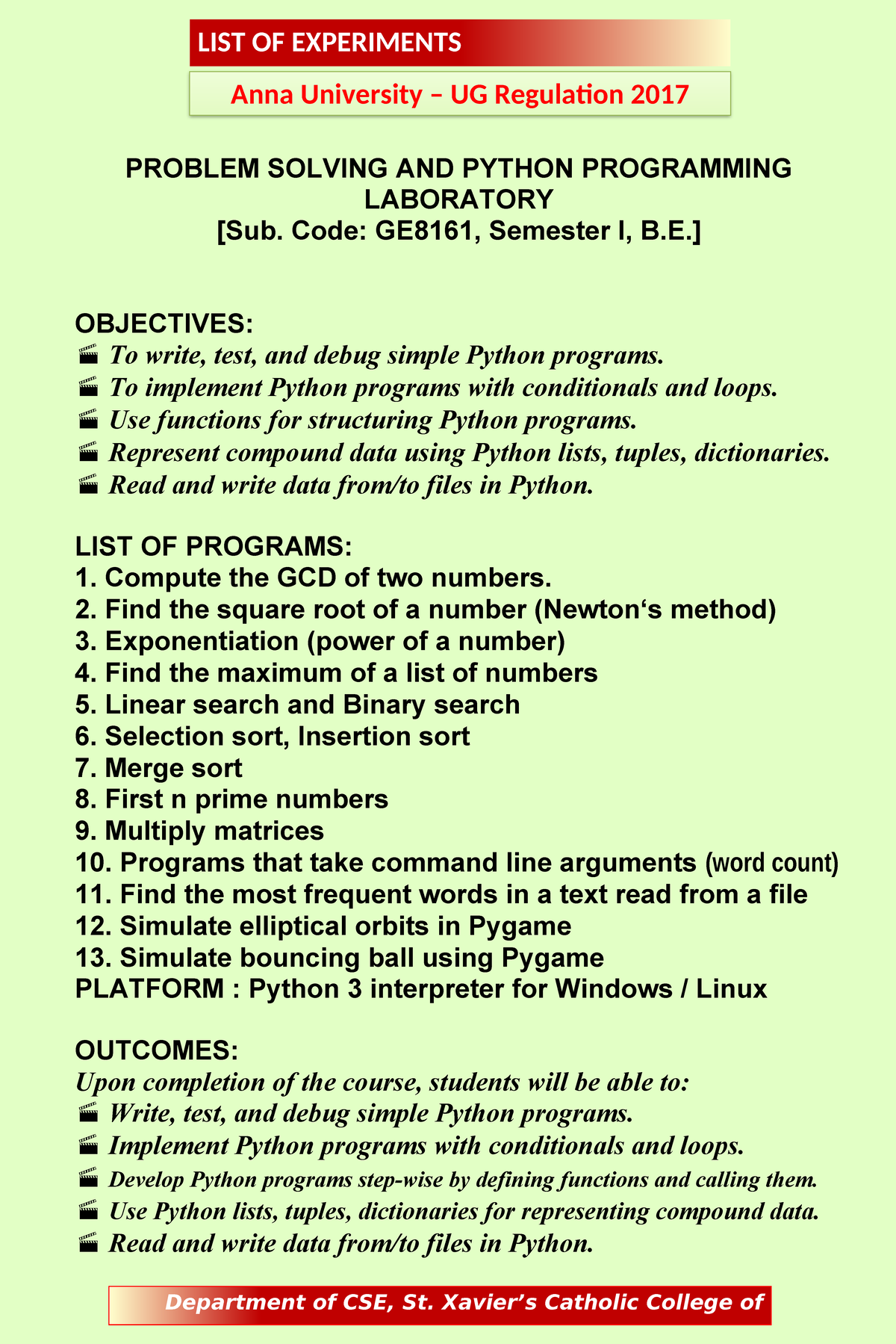 List of Experiments 2017-1 - Anna University – UG Regulation 2017 Department of CSE, St. Xavier ...