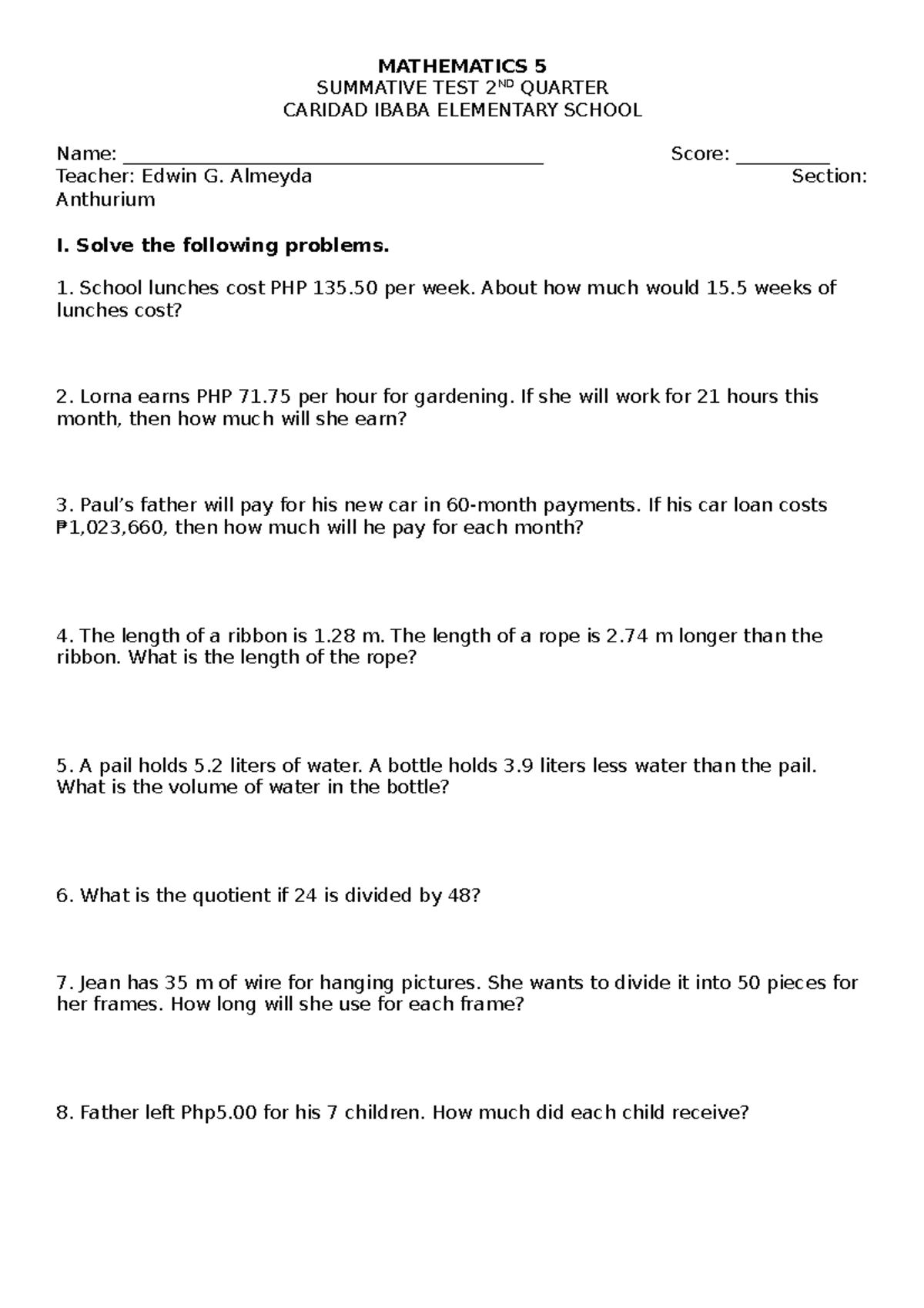 ST Math5 Q2 - practice material - MATHEMATICS 5 SUMMATIVE TEST 2ND ...