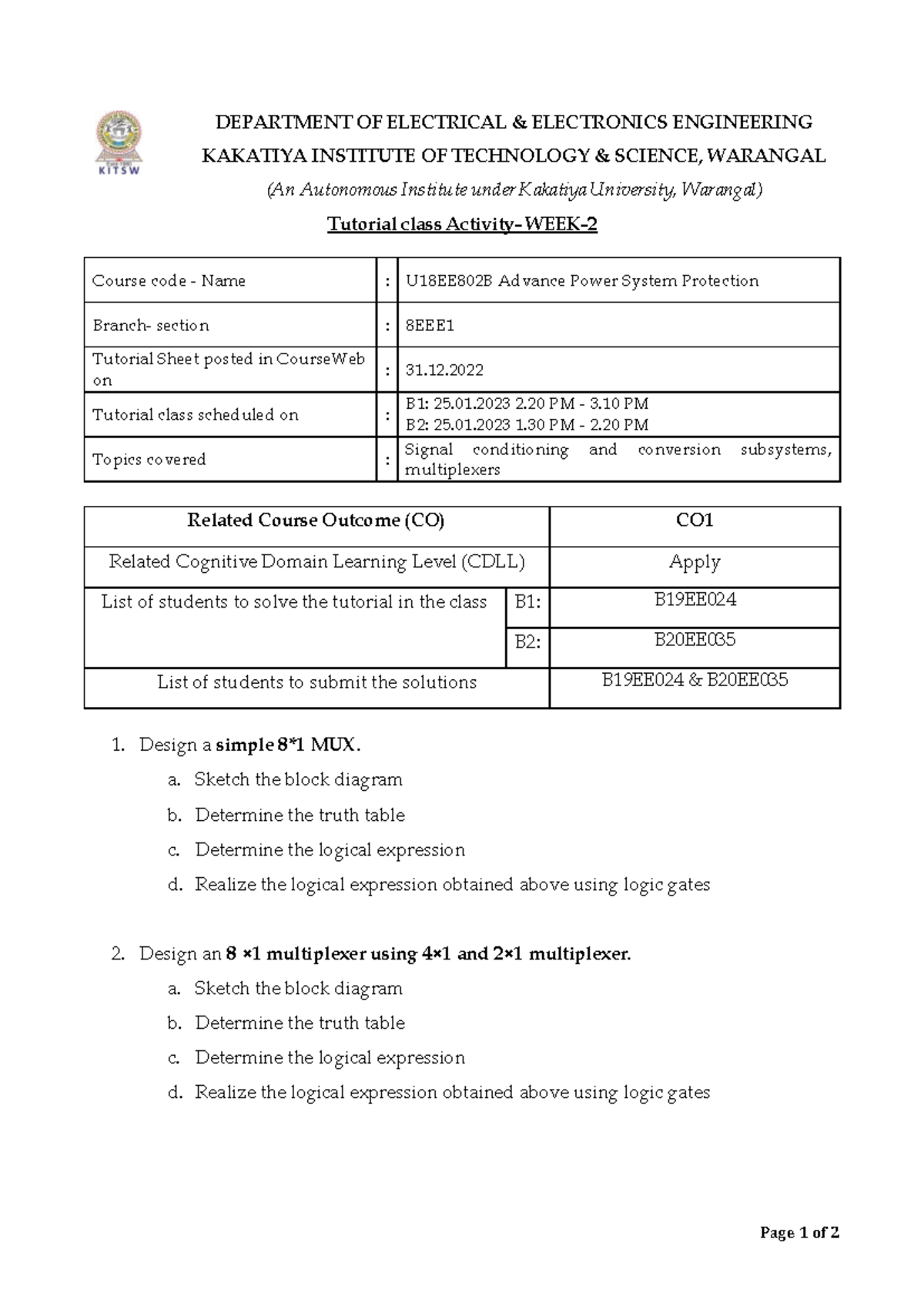 T2 U18EE802B 8EEE1 APSP - Page 1 of 2 DEPARTMENT OF ELECTRICAL ...