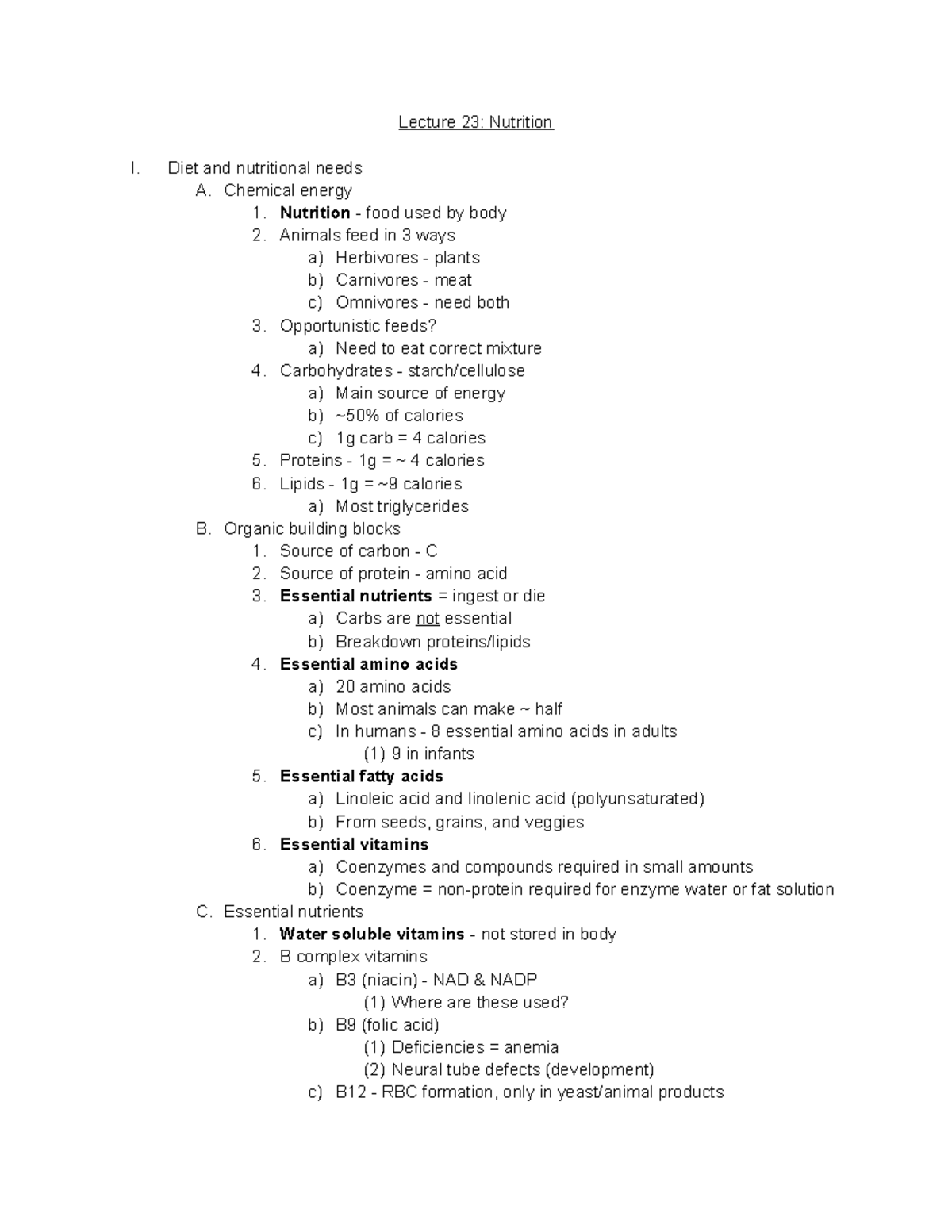 Nutrition - Lecture 23: Nutrition I. Diet and nutritional needs A ...