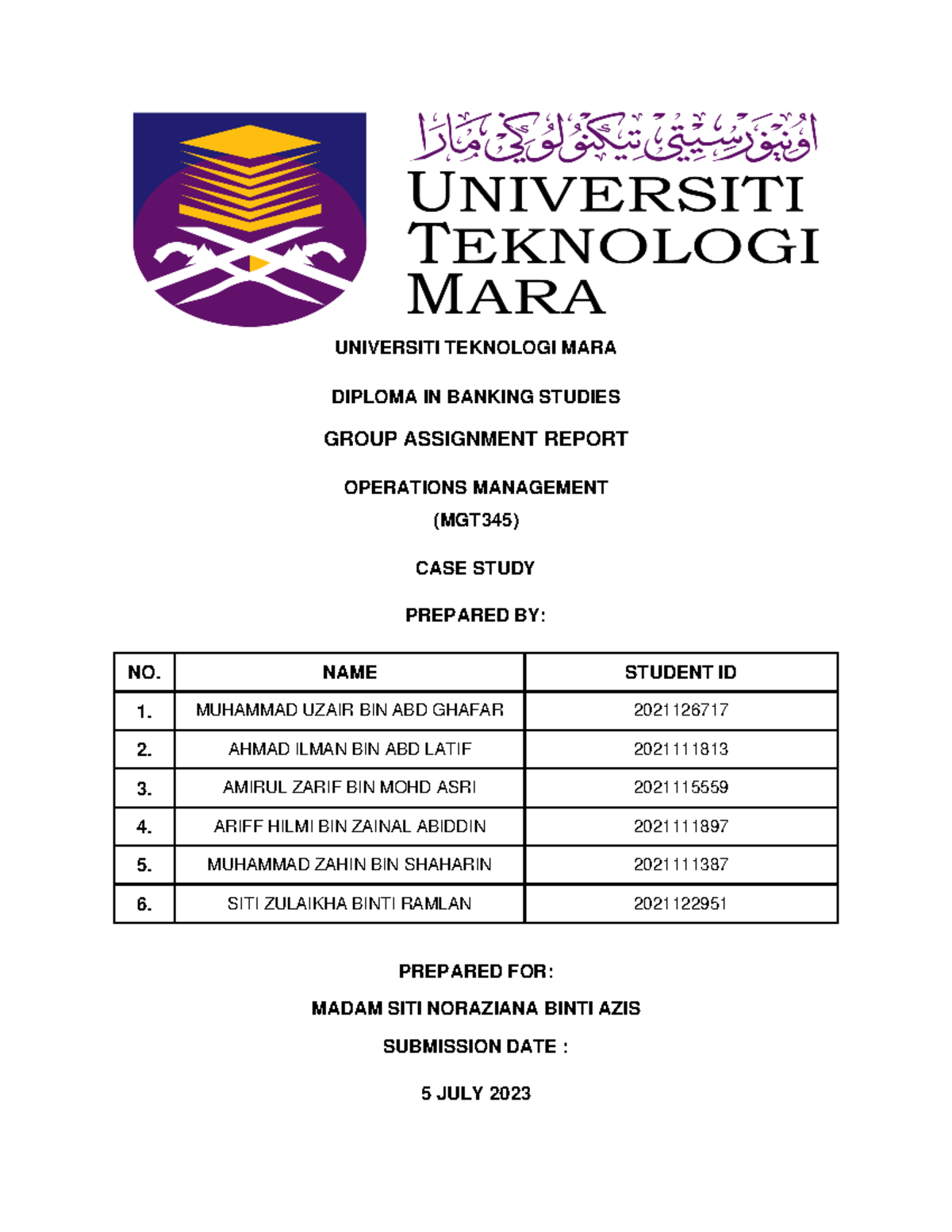 MGT345 Group Assignment Honda WUUU - UNIVERSITI TEKNOLOGI MARA DIPLOMA IN BANKING STUDIES GROUP ...
