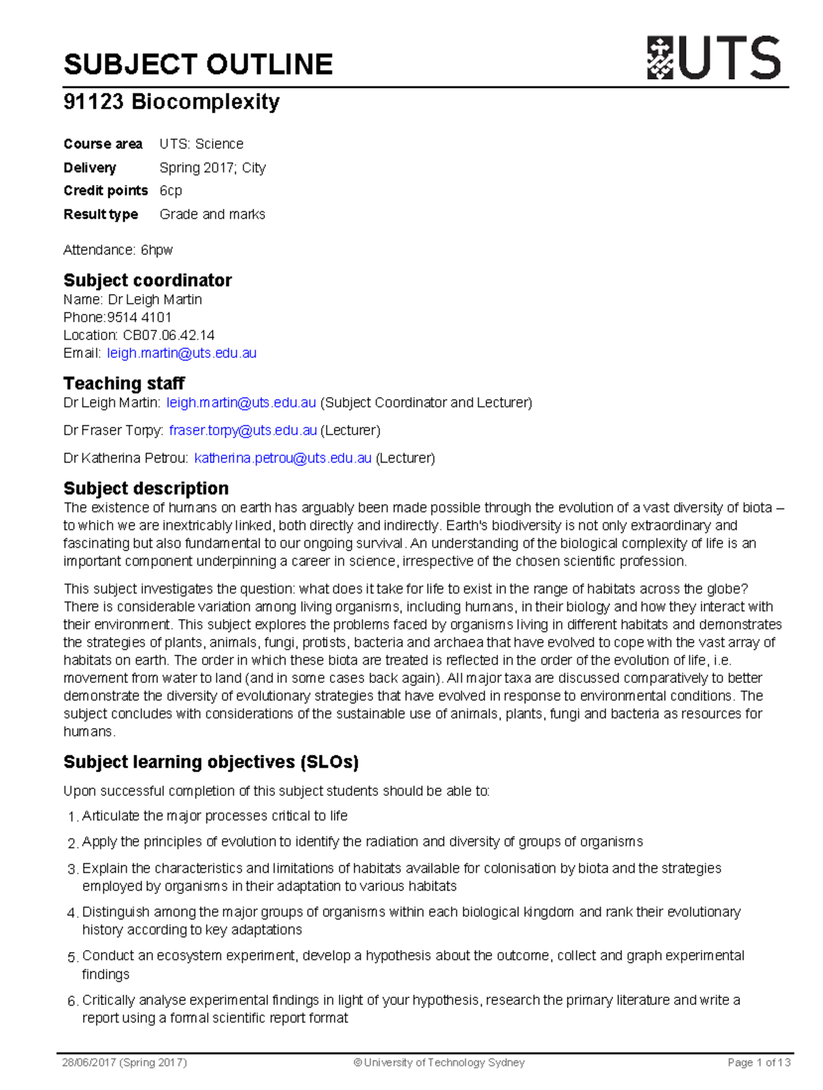 Biocomplexity Subject Outline Spring 2017 - SUBJECT OUTLINE 91123 ...
