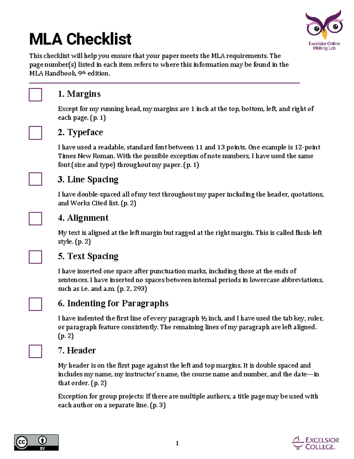 MLA Checklist 9th edition 1 - 1 MLA Checklist This checklist will help ...
