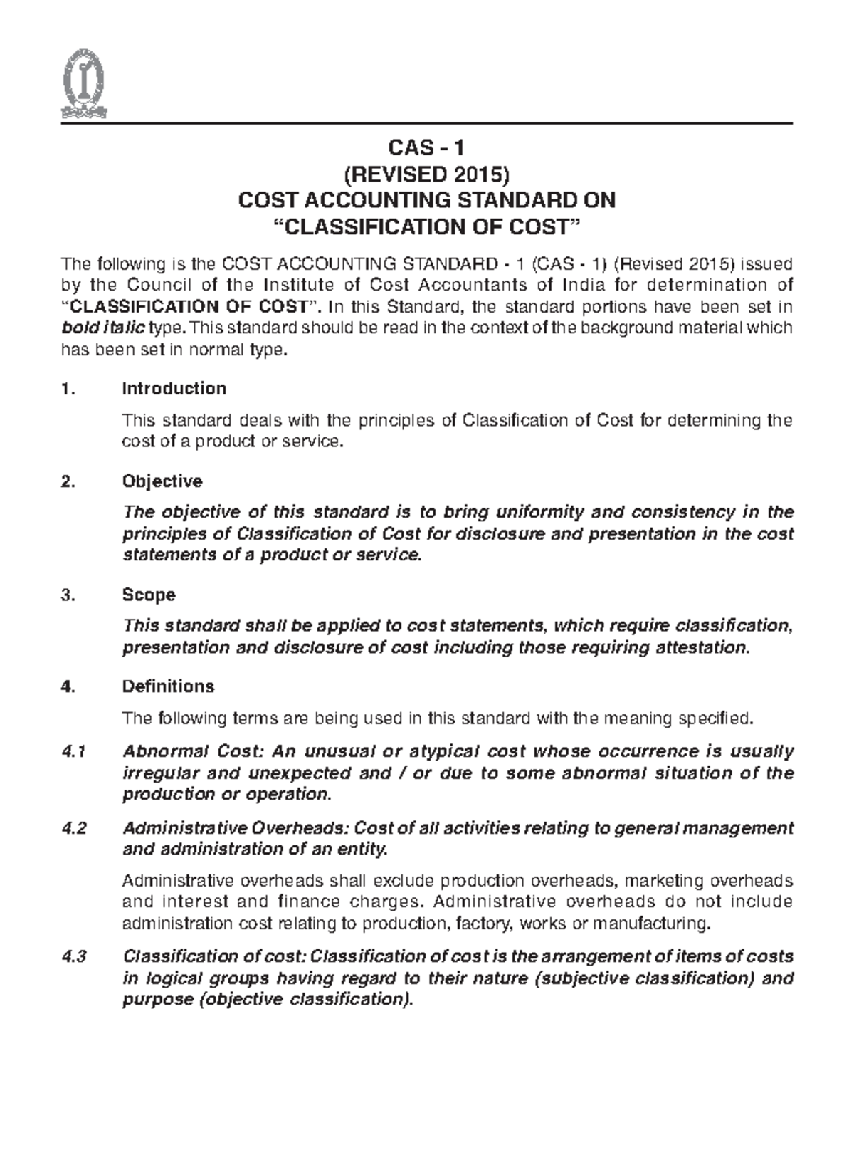CAS1-Revised - CAS 1- REVISED - CAS - 1 (REVISED 2015) COST ACCOUNTING ...