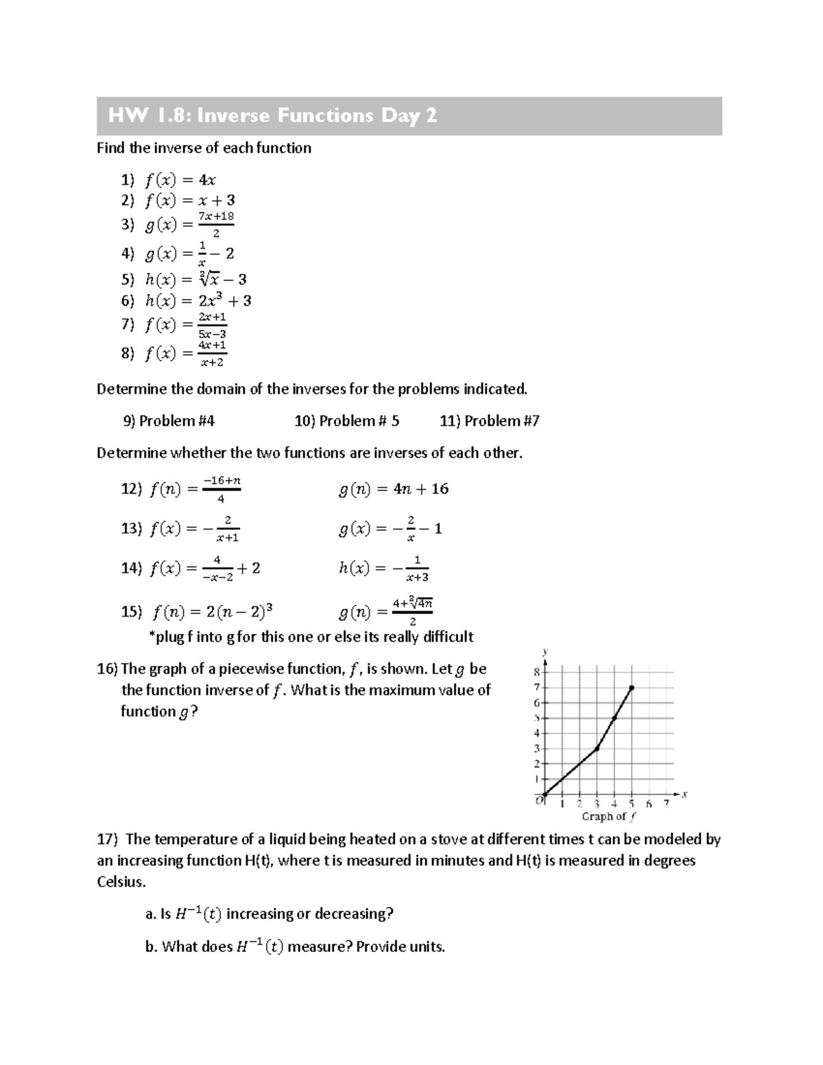 HW 1.8 Inverses Day 2 - Homework - Find the inverse of each function 1 ...