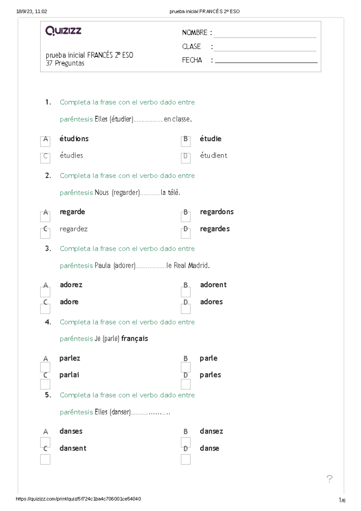 Prueba inicial Francés 2º ESO - 18/9/23, 11:02 prueba inicial FRANCÉS ...