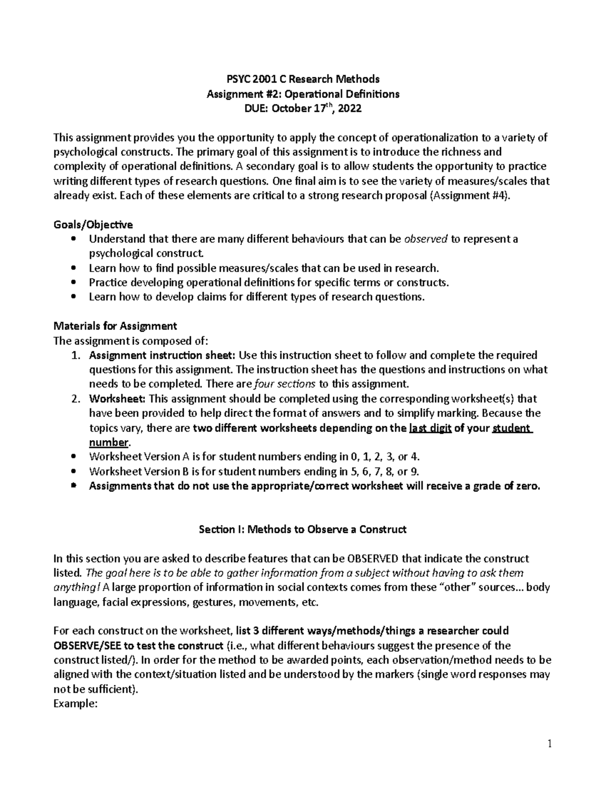 Assignment #2 - Operational Definitions Instructions - PSYC 2001 C Research Methods Assignment ...