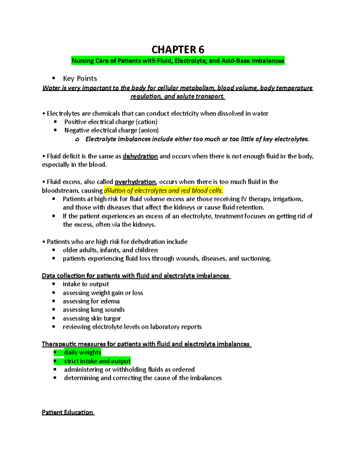 Nursing Care of Patients with Fluid Electrolyte and Imbalances - Studocu