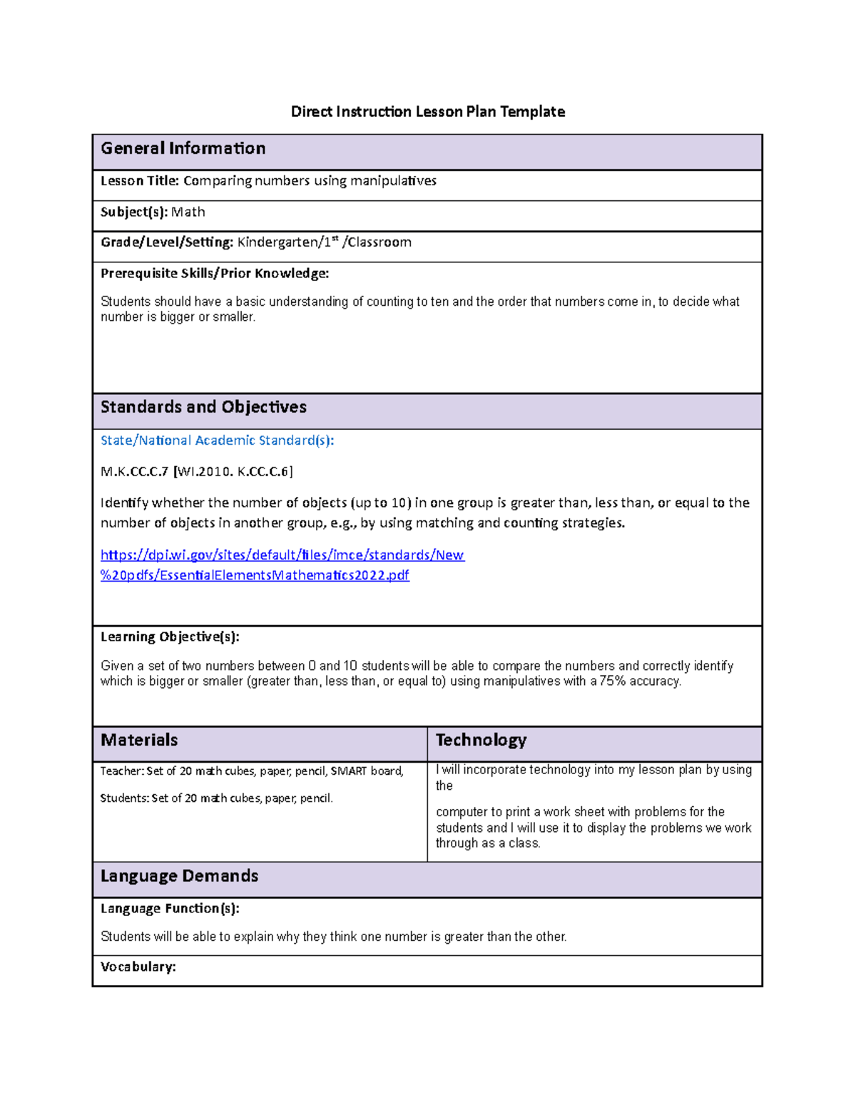 Impact on Student Learning Task 1 Lesson Plan - Direct Instruction ...